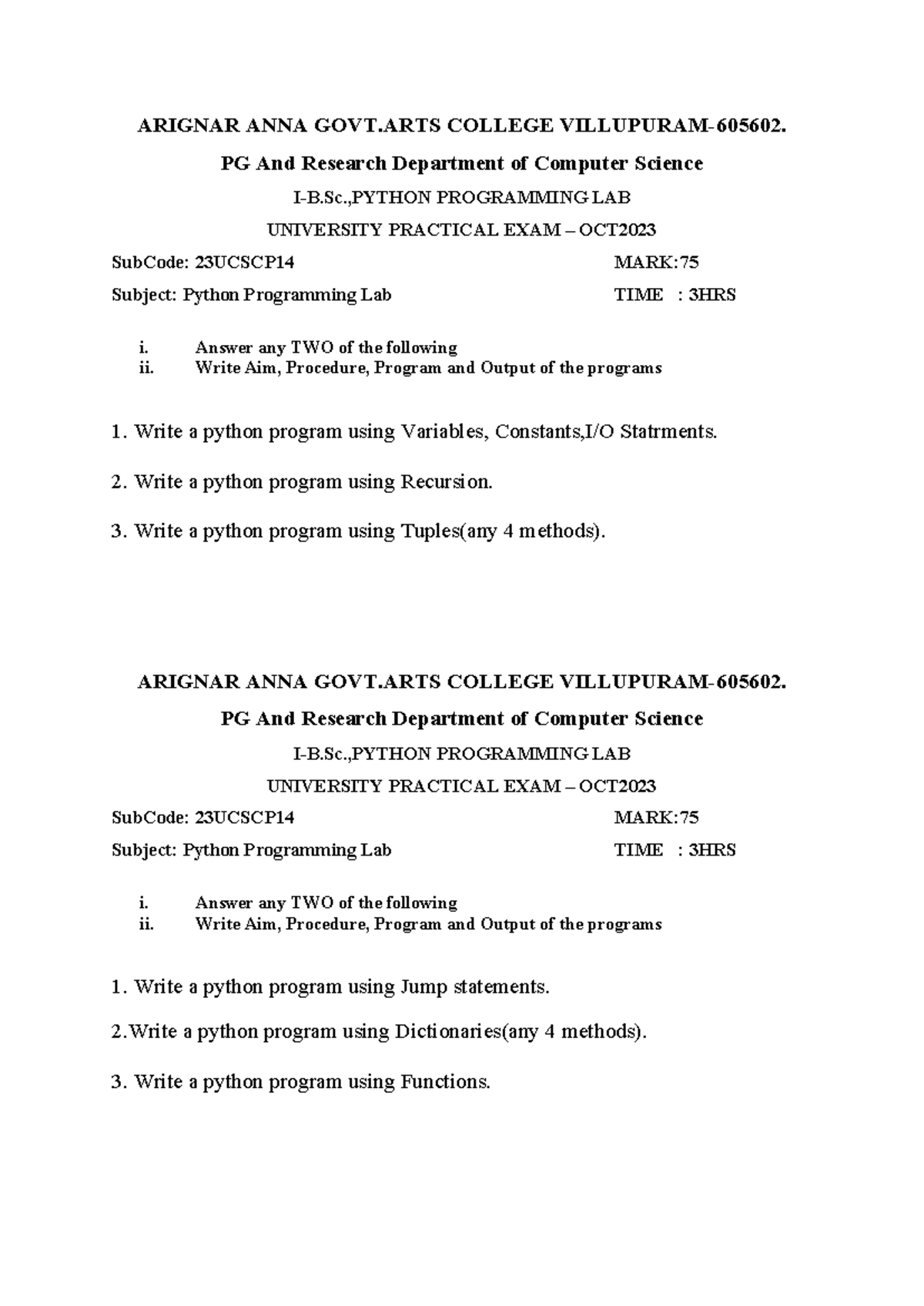 Python Lab Univ Questions OCT2023 - ARIGNAR ANNA GOVT COLLEGE ...