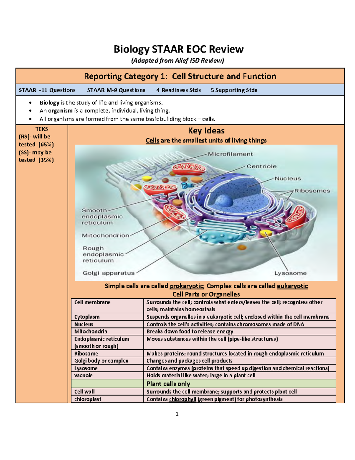 Biology STAAR EOC Review: Cell Structure and Function - Studocu