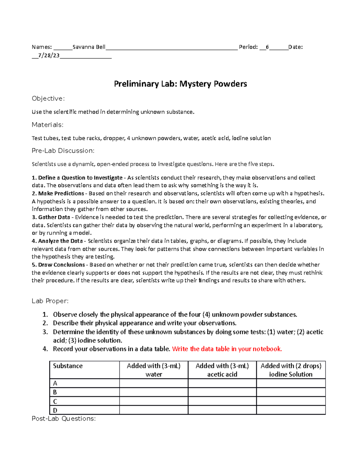 Preliminary Laboratory Mystery Powders - Names: Savanna Bell