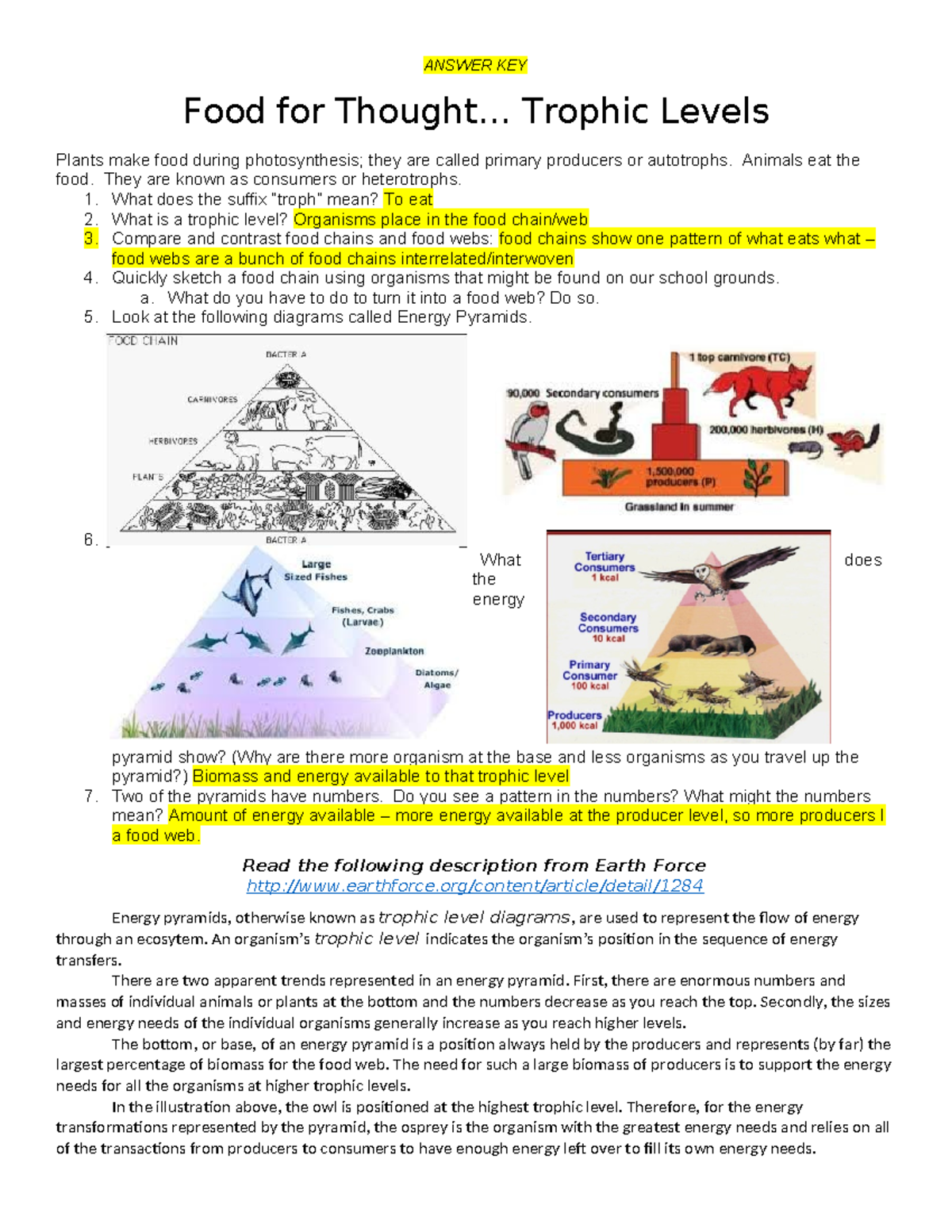 A - dckwjdcnjf c - ANSWER KEY Food for Thought... Trophic Levels Plants ...