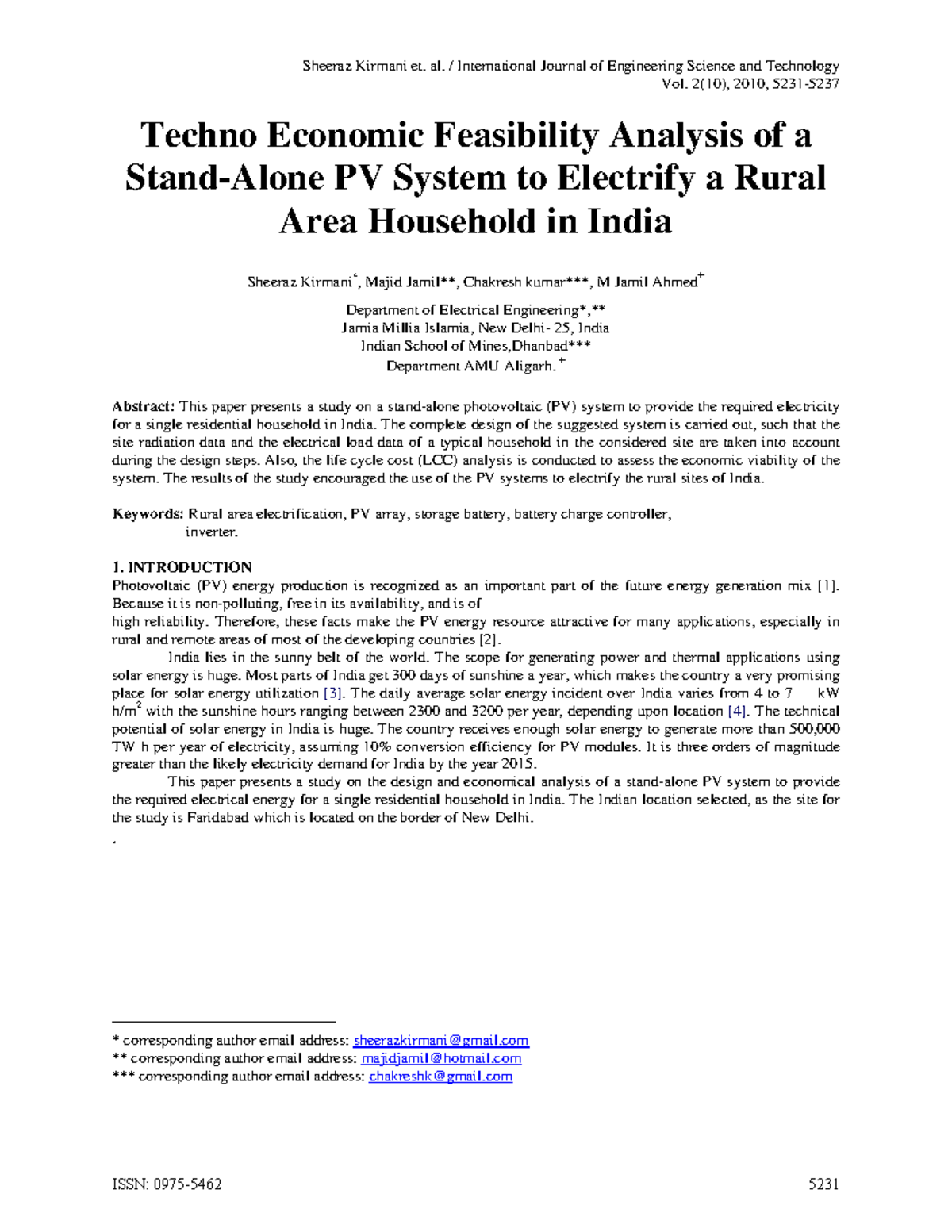 Techno Economic Feasibility Analysis of a Stand-Al - Vol. 2(10), 2010, 5231- Techno Economic ...