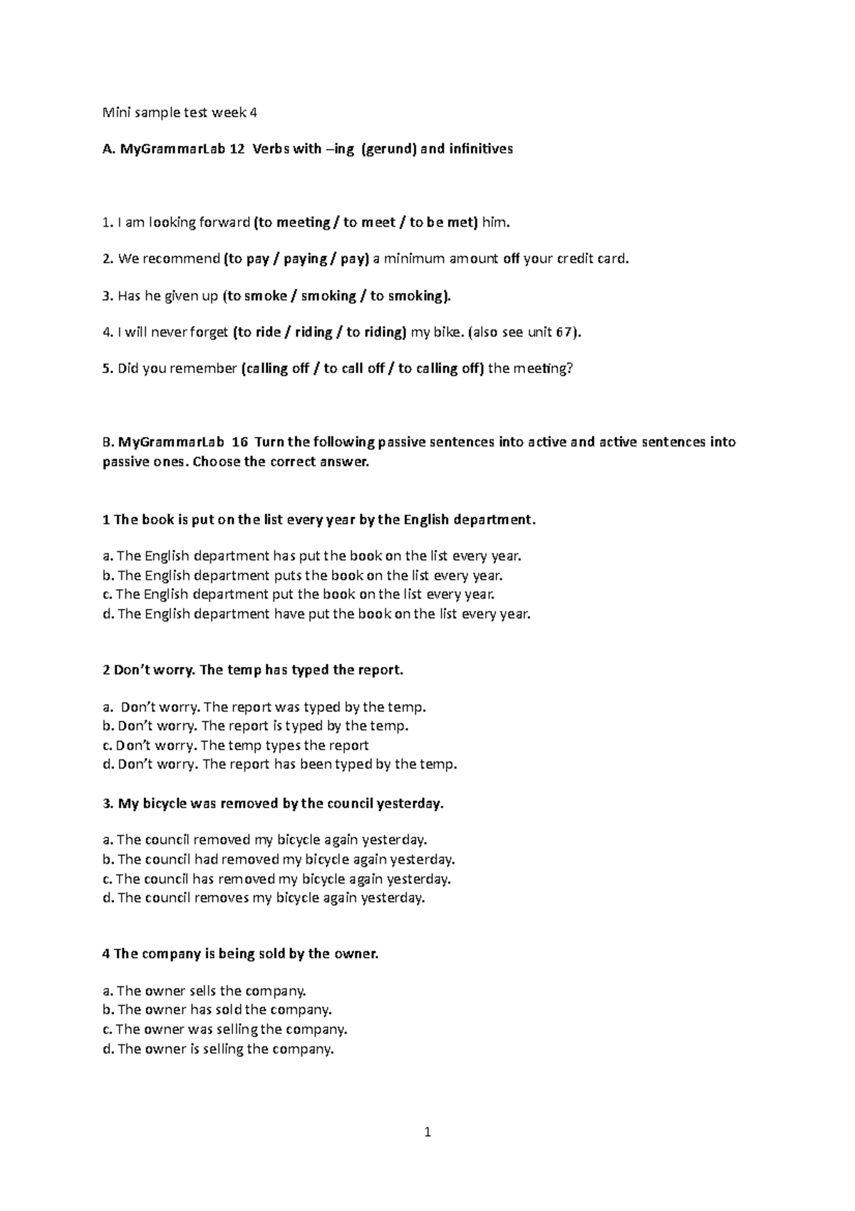 Block 42021 Mini sample test - Mini sample test week 4 A. MyGrammarLab ...