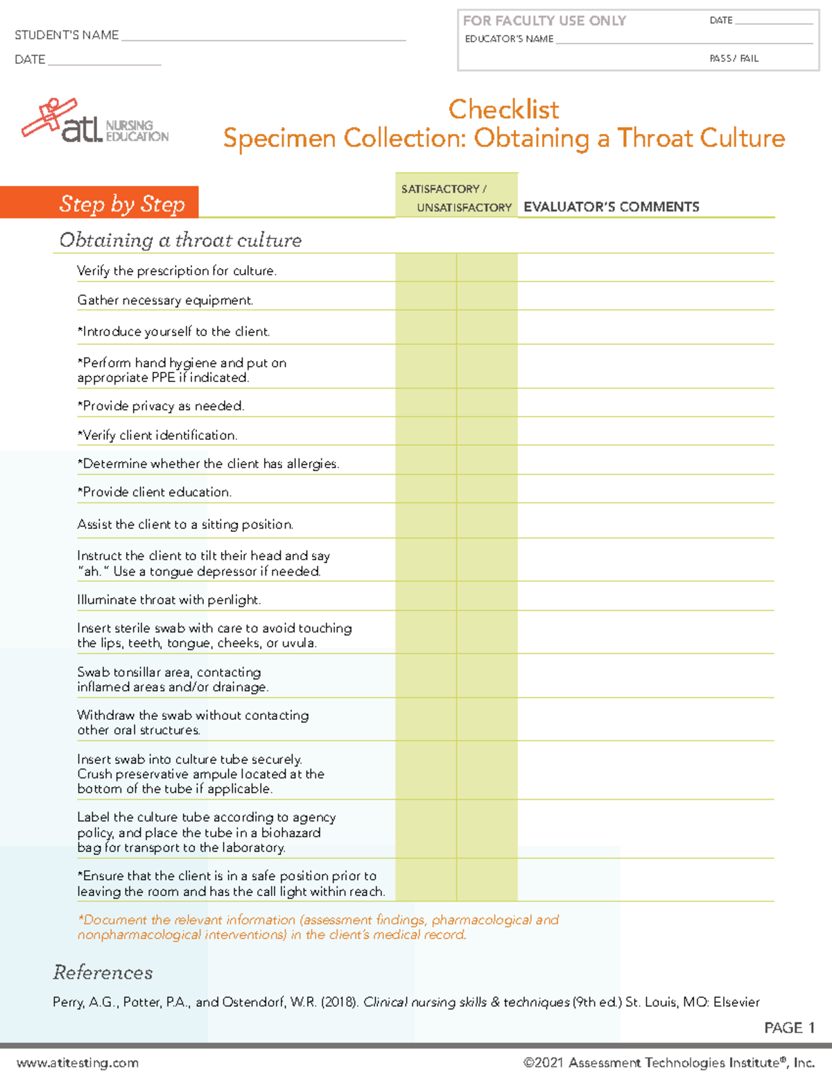 Ati Infection Control Isolation Obtaining a Throat Culture checklist ...