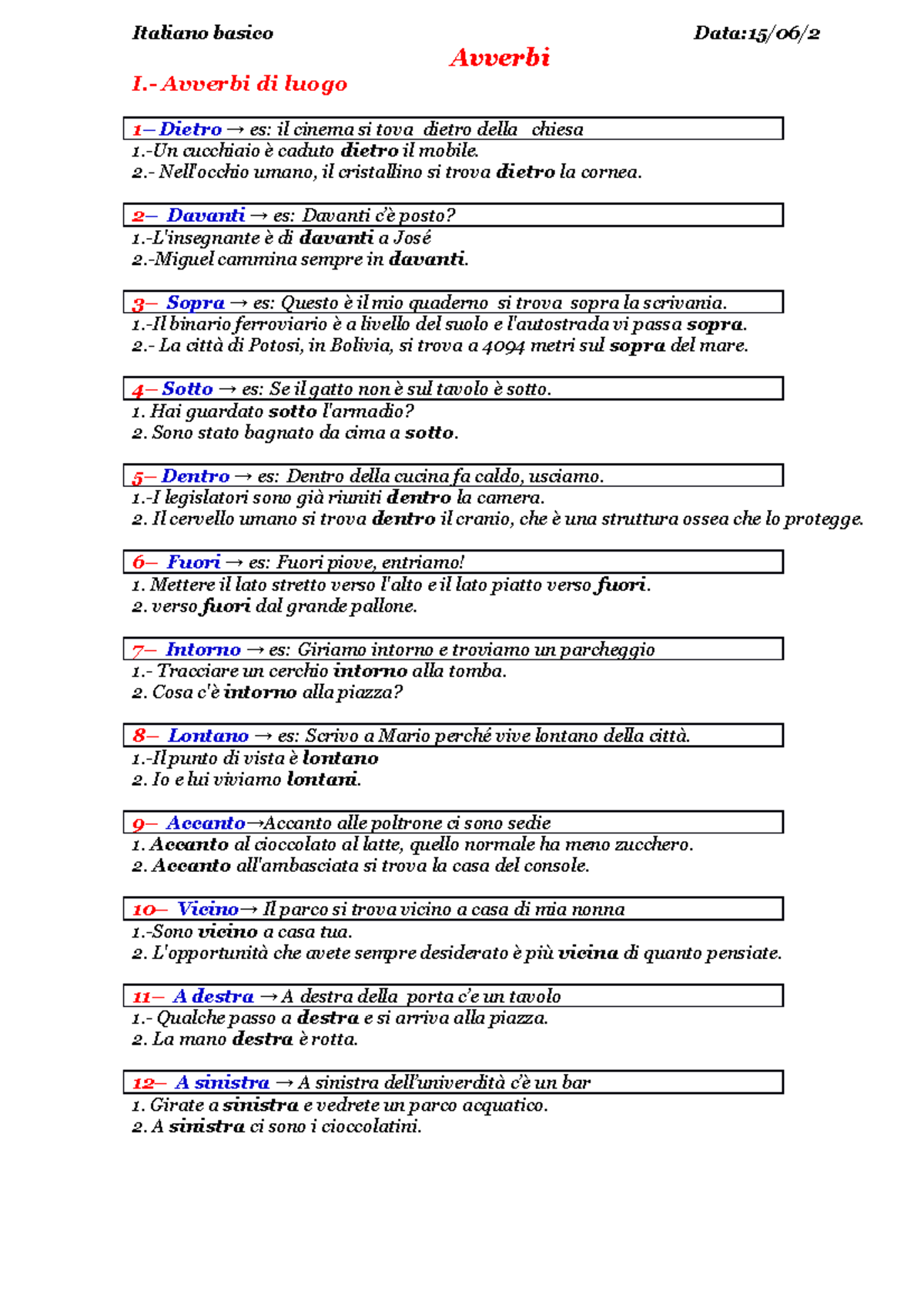 Avverbi DI Luogo - Italiano basico Data:15/06/ Avverbi I.- Avverbi di ...