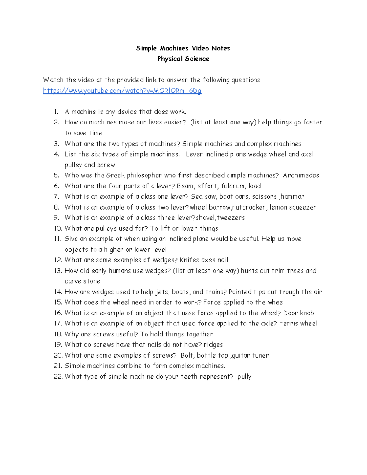 Copy of Simple Machines Video Notes - Simple Machines Video Notes ...