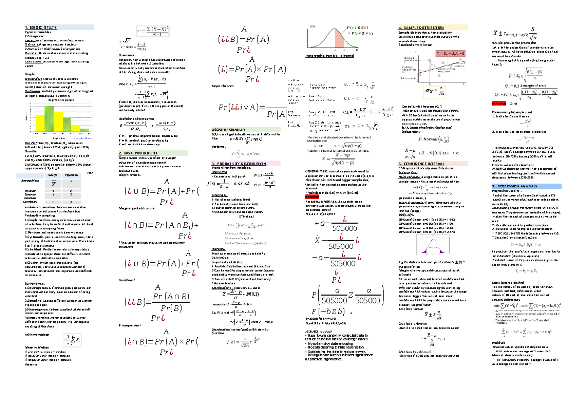 STAT1008 Final CS - cheat sheet - 1. BASIC STATS Types of variables: 1 ...