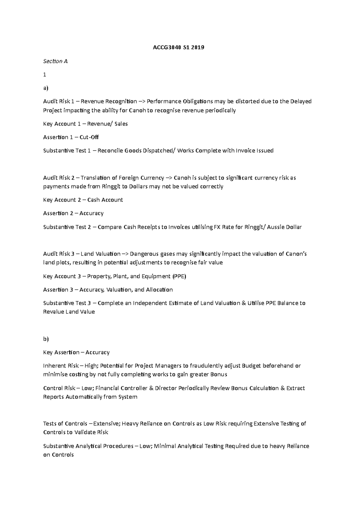 ACCG3040 Practice Examinations - ACCG3040 S1 2019 Section A 1 a) Audit ...