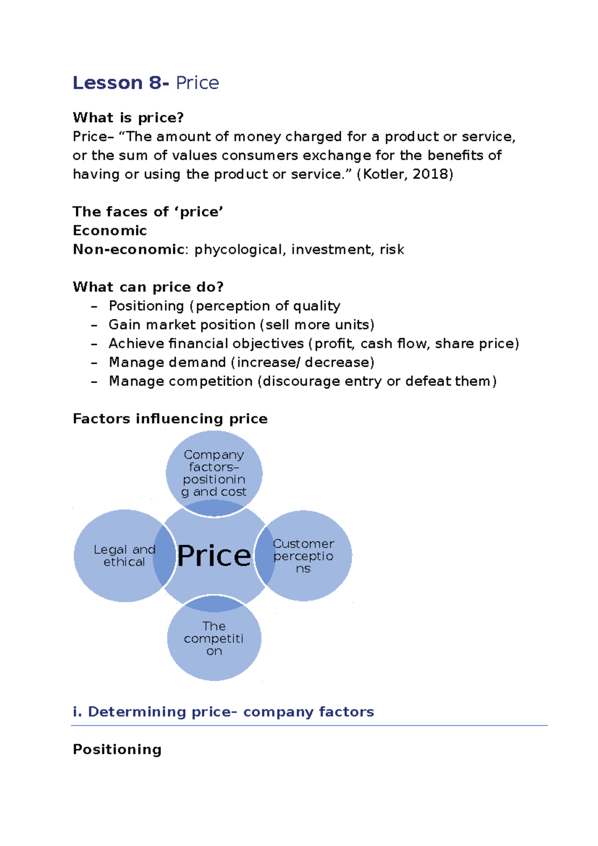 8. Price - NOTES - Lesson 8- Price What is price? Price– “The amount of ...