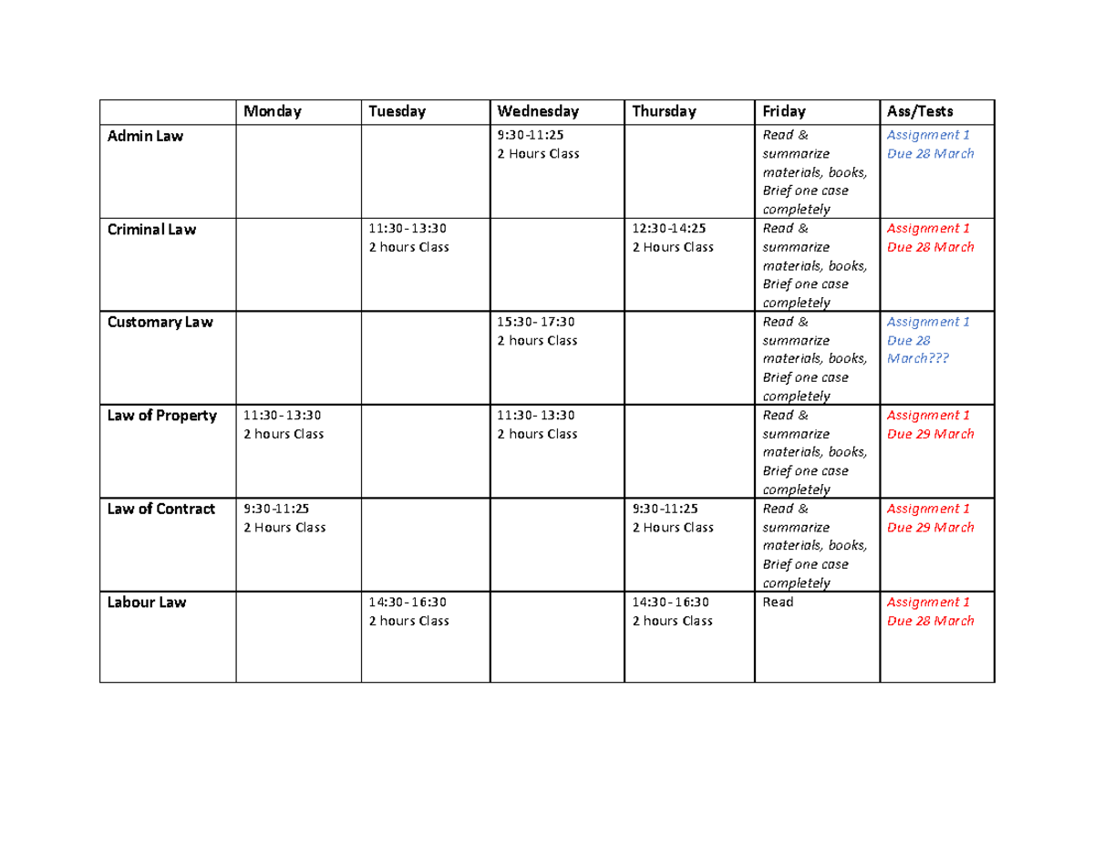 Timetable - llb random notes - Monday Tuesday Wednesday Thursday Friday ...