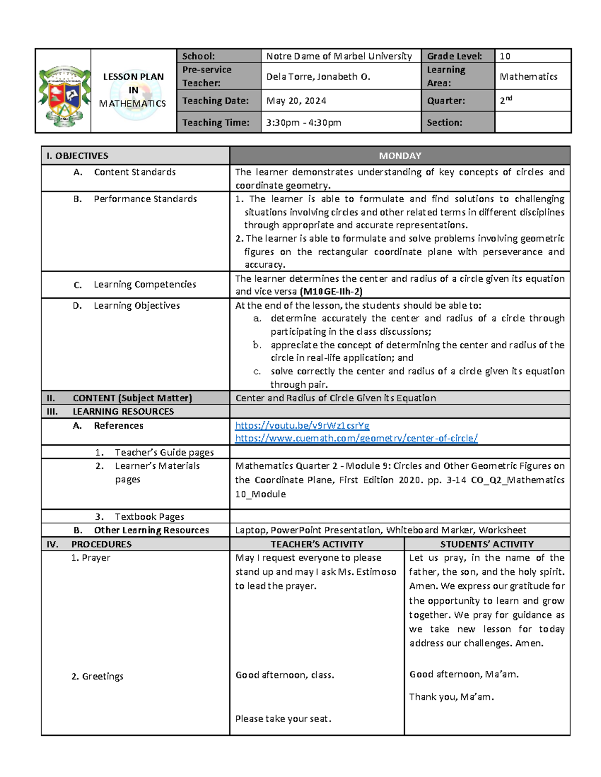 DLP G10 Q2 - Center and Radius of Circle Given its Equation - LESSON ...