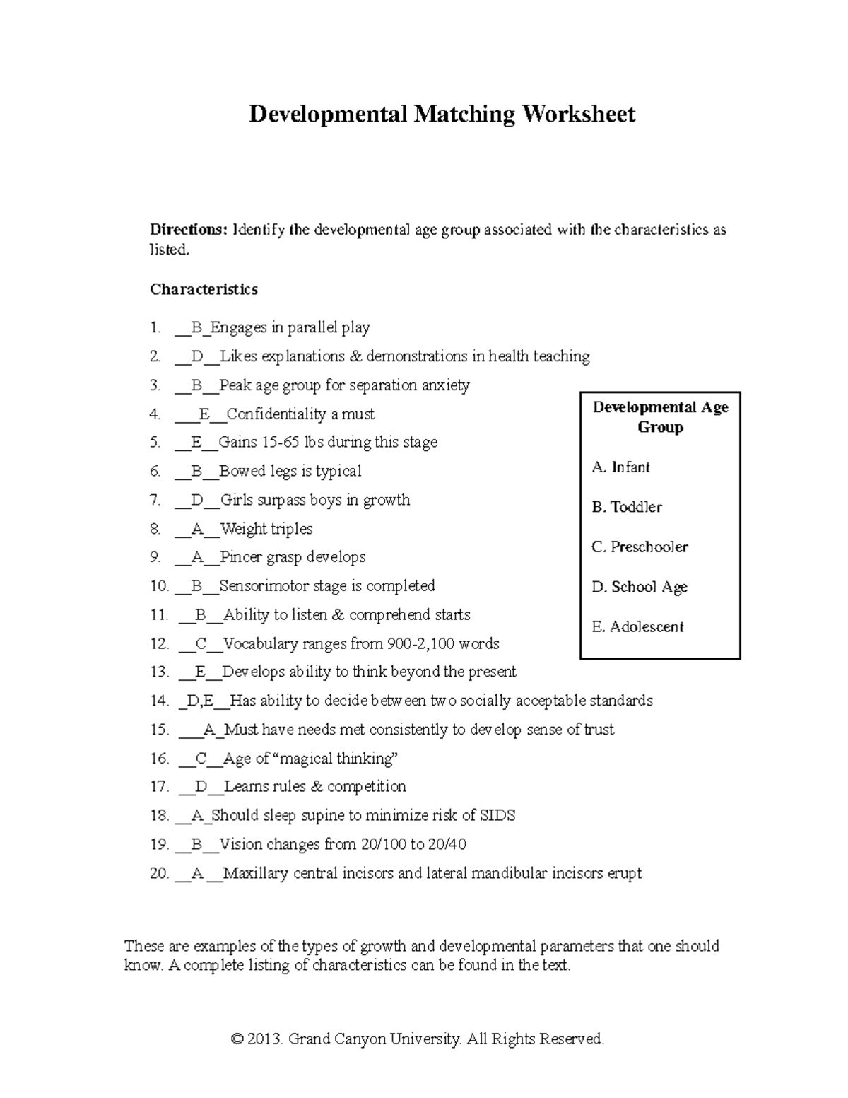 Developmental Matching Worksheet - Developmental Matching Worksheet ...