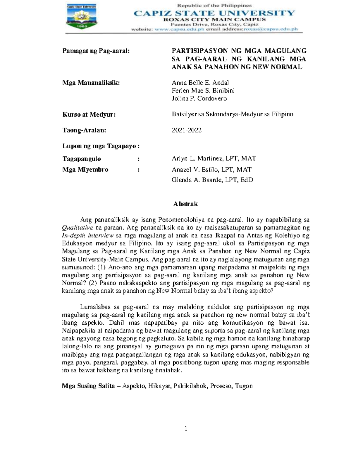 6 - a research proposal for the subject of filipino - 1 Pamagat ng Pag ...