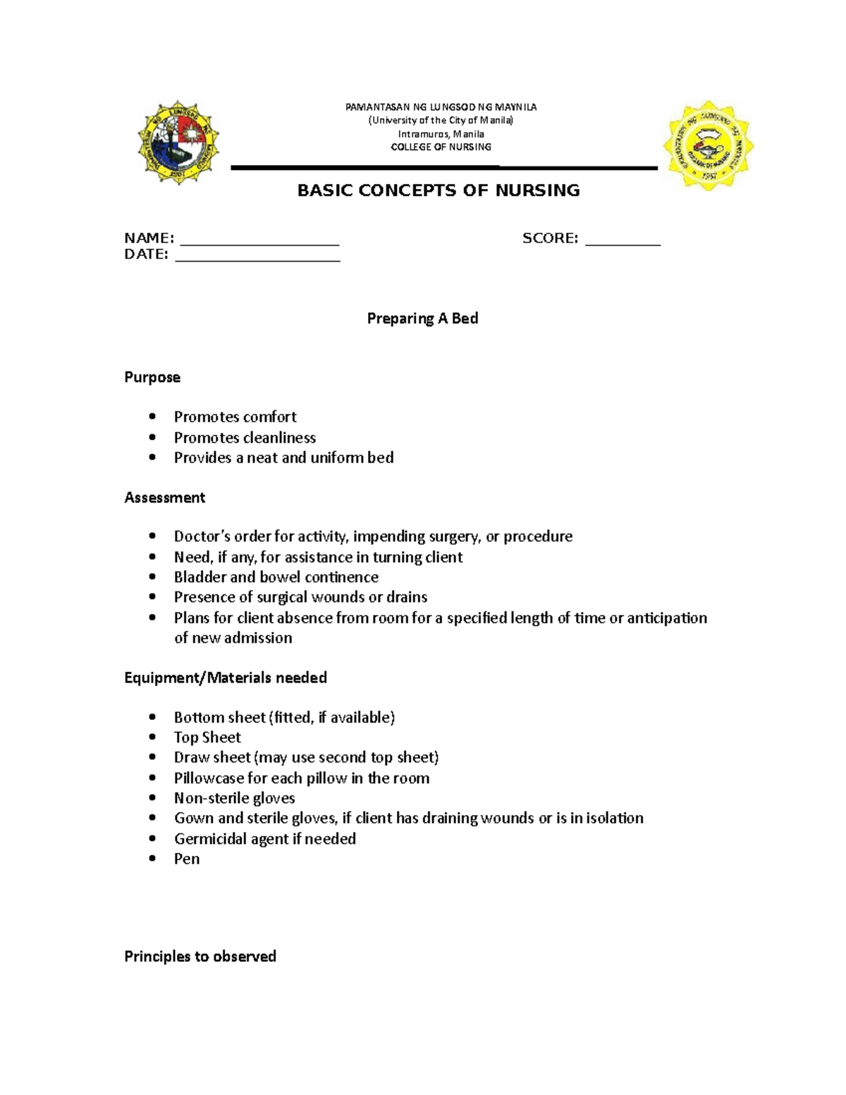 Preparing a Bed Checklist - bs nursing - SWU - Studocu