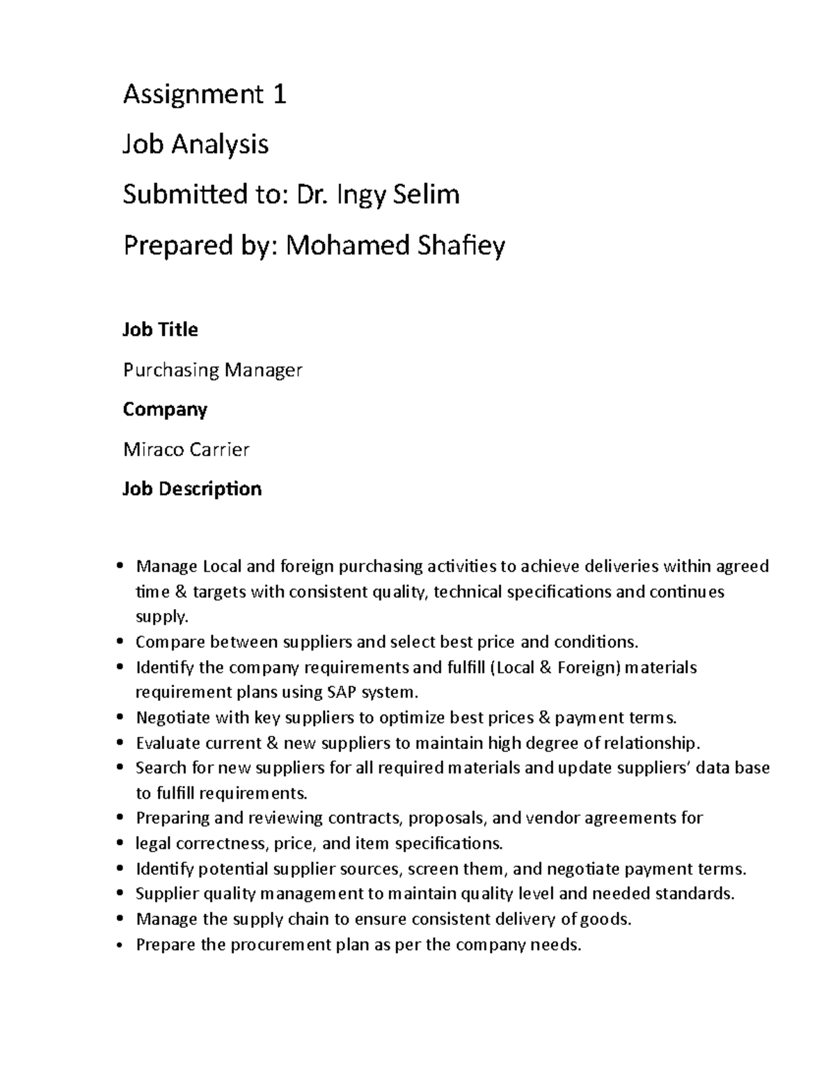 Job Analysis - HRM - Assignment 1 Job Analysis Submitted to: Dr. Ingy ...