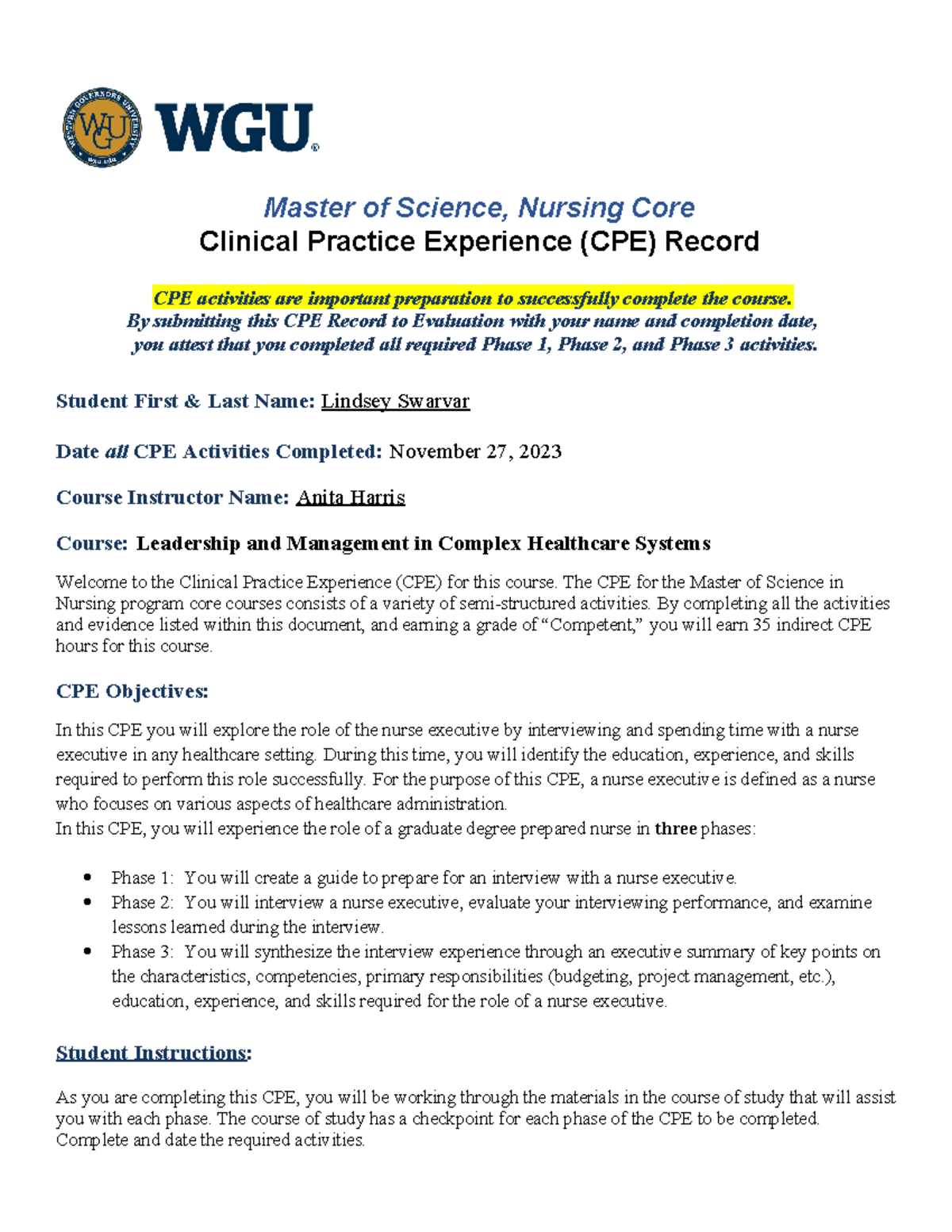 D030 CPE Record 2 - Master of Science, Nursing Core Clinical Practice Experience (CPE) Record ...