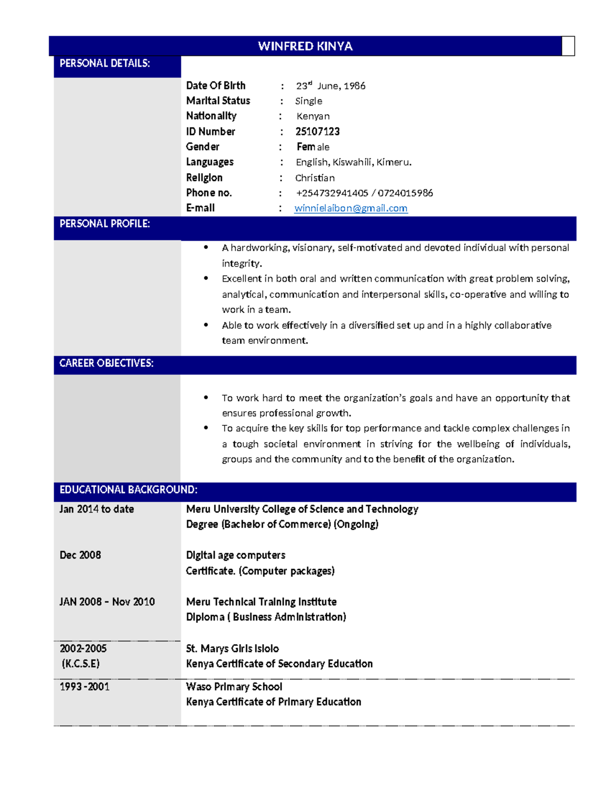 Winnie Current CV - great - WINFRED KINYA PERSONAL DETAILS: Date Of ...