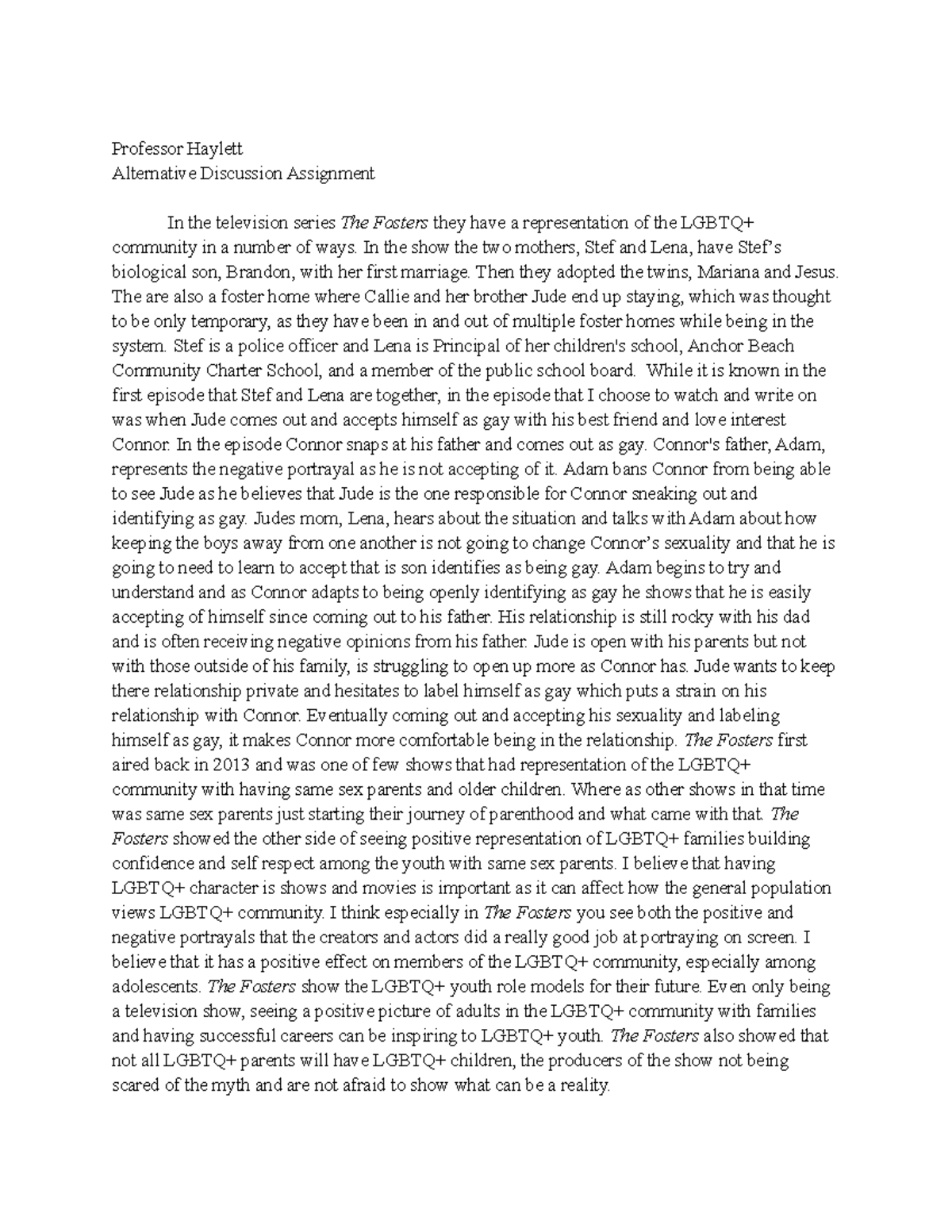 Alternative Assignment - Professor Haylett Alternative Discussion ...