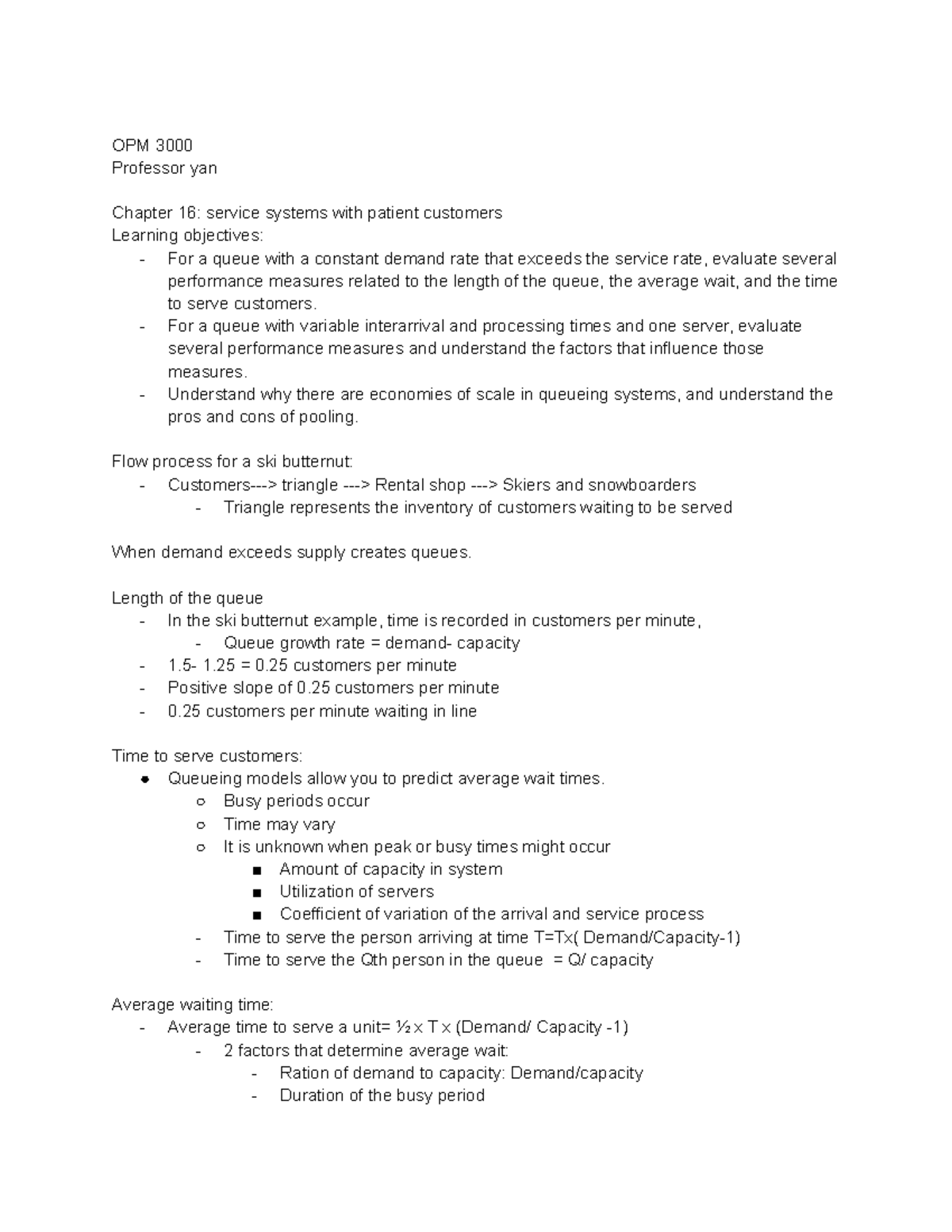 OPM 3000 - lecture notes - OPM 3000 Professor yan Chapter 16: service ...