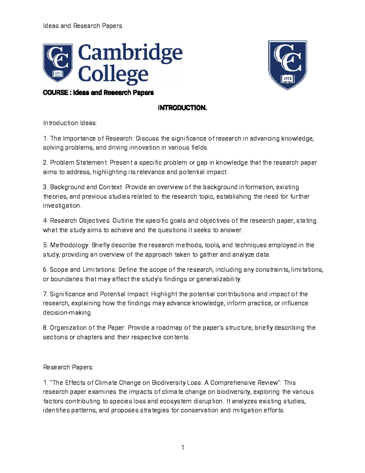 Ideas and Research Papers-1 - Ideas and Research Papers 1 COURSE ...