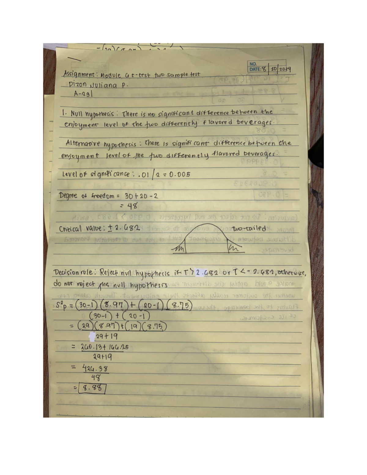 Module 6: t-TEST - NO. Assignment: Module two sample test DATE: pizon ...
