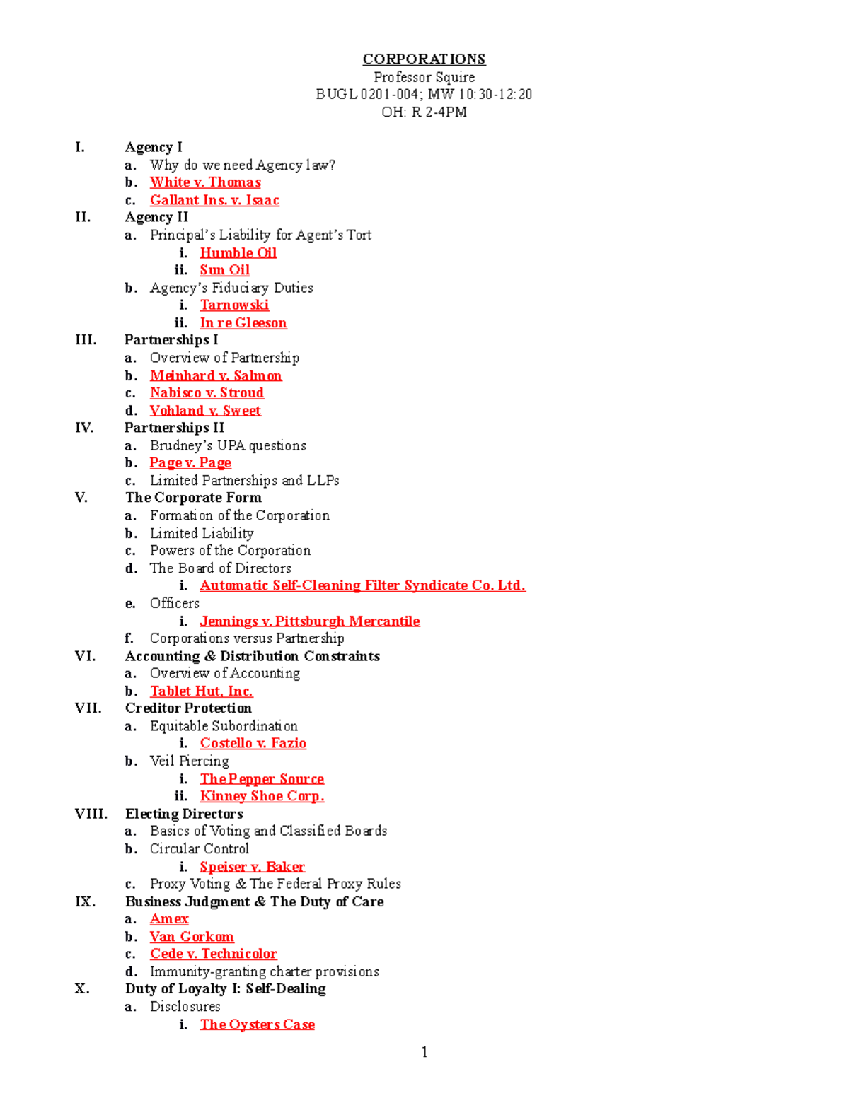 Working Corps Outline - Lecture notes All - CORPORATIONS Professor ...