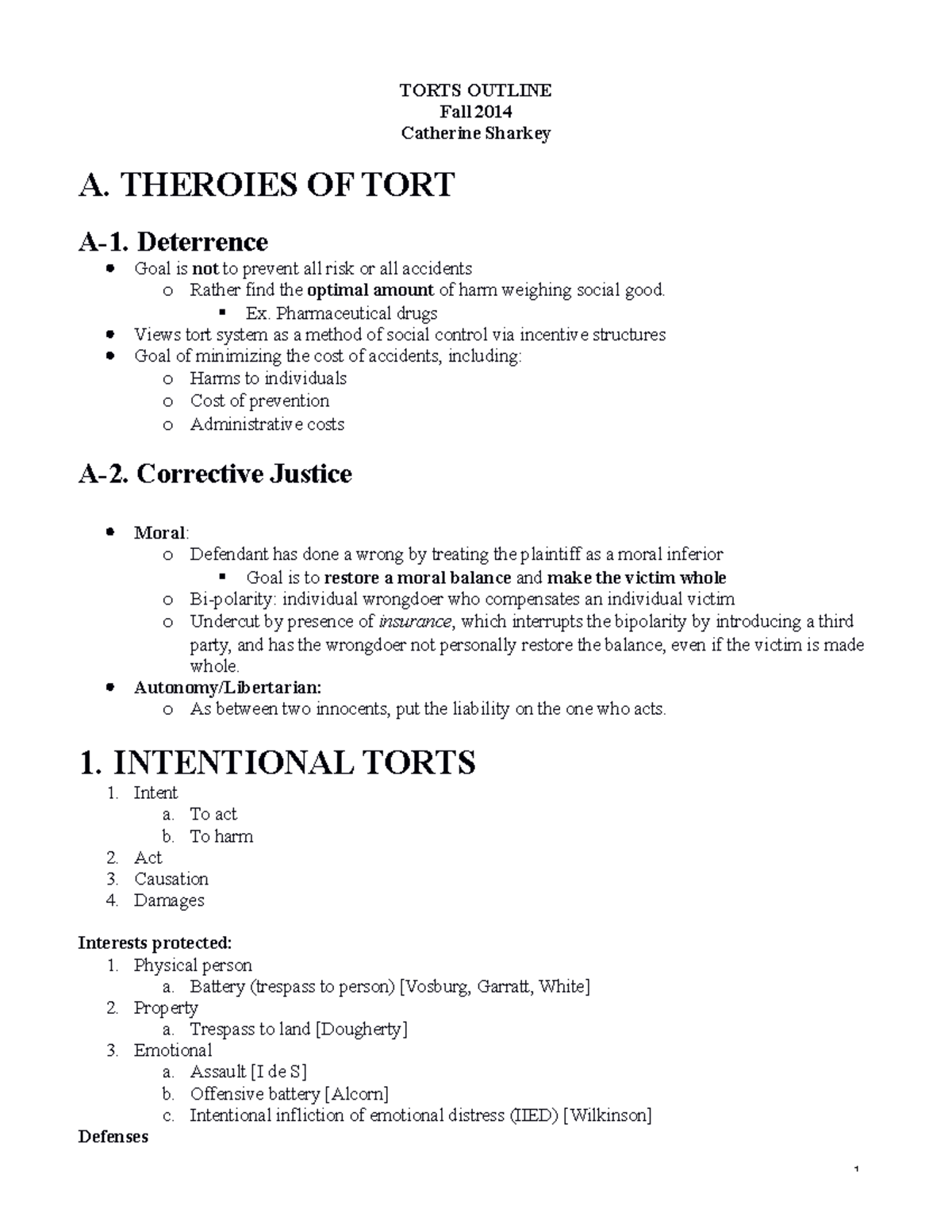 Torts Sharkey Fall 2014 0 - TORTS OUTLINE Fall 2014 Catherine Sharkey A ...
