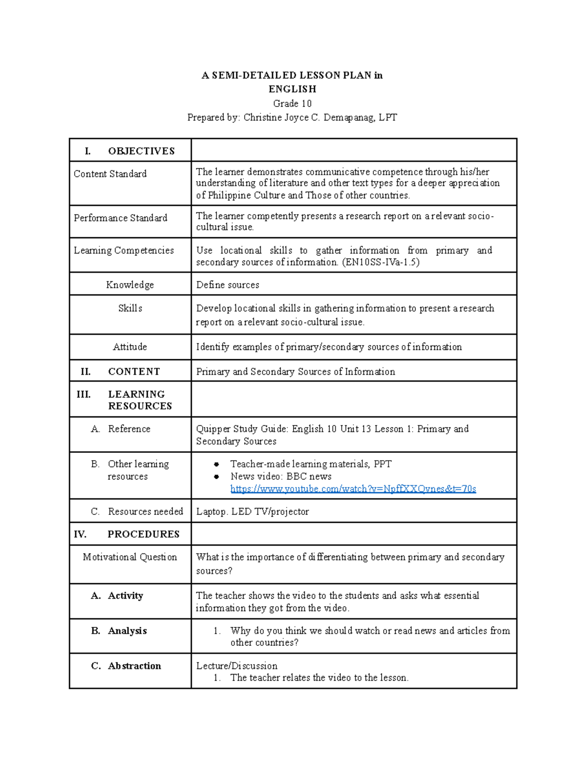 Copy of DEMO LP - Practice - A SEMI-DETAILED LESSON PLAN in ENGLISH ...