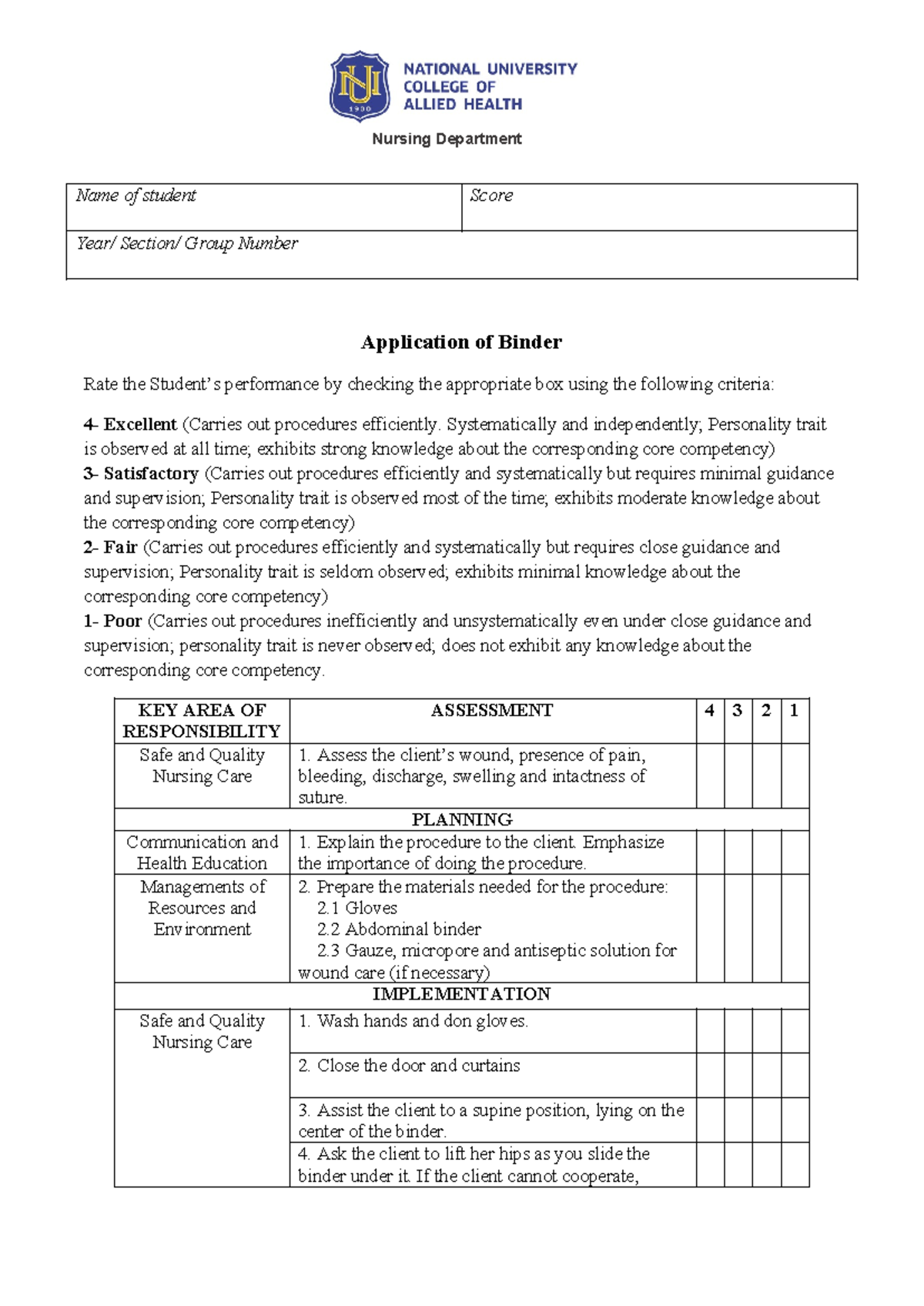Application-of-Binder - Nursing Department Name of student Score Year ...