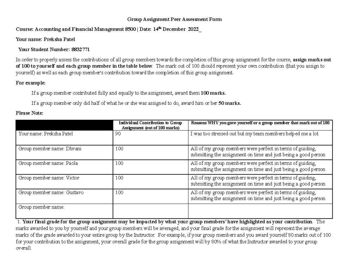 Group Peer Assessment - Group Assignment Peer Assessment Form Course ...