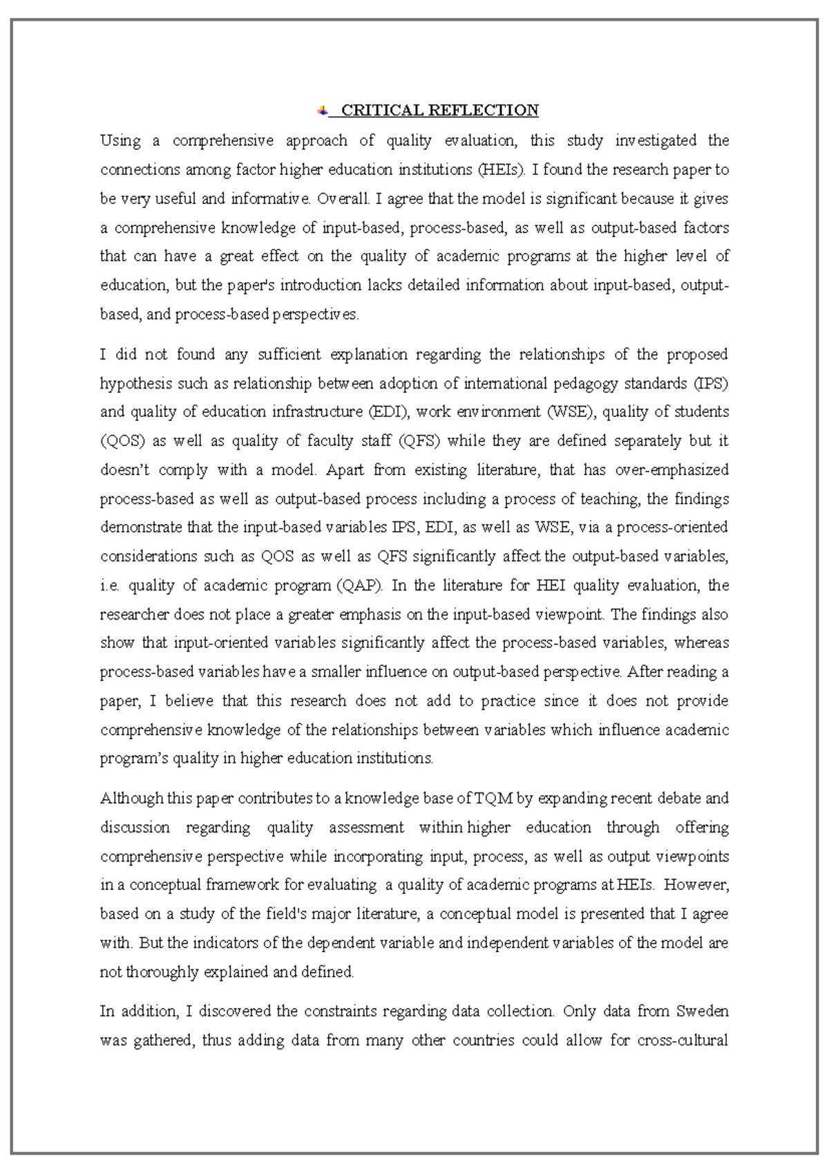 Reflection paper - CRITICAL REFLECTION Using a comprehensive approach ...