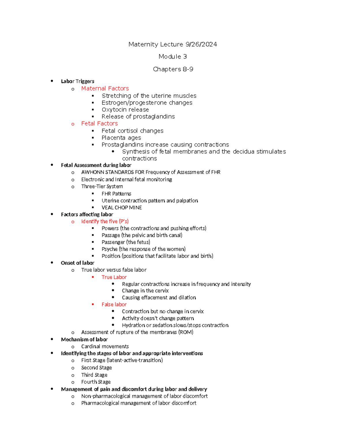 Maternity Lectures Module 3 - Maternity Lecture 9/26/ Module 3 Chapters 8- Labor Triggers o ...