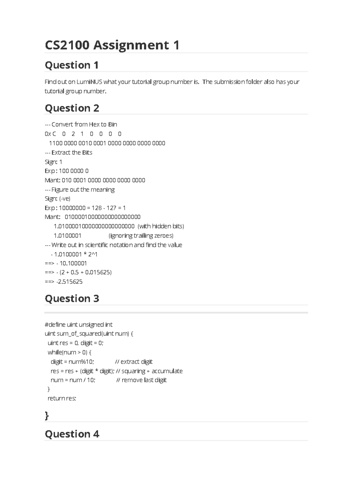 CS2100 Assignment 1 Answers - CS2100 Assignment 1 Question 1 Find out on LumiNUS what your ...