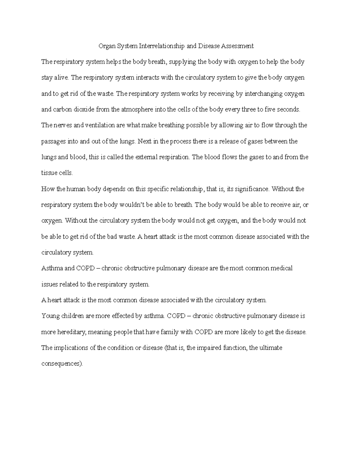 Organ System Interrelationship and Disease Assessment - BIO210 - SNHU ...