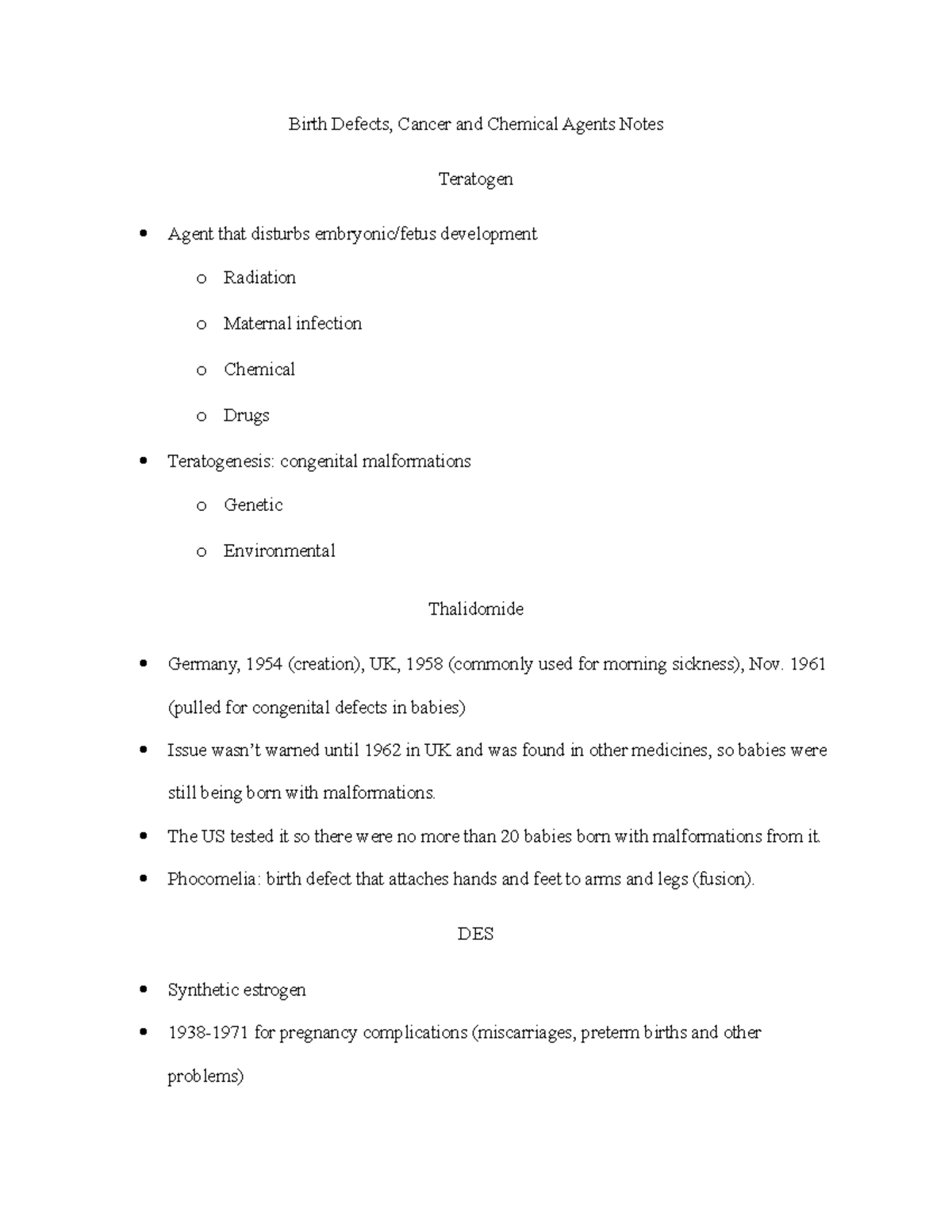 Birth Defects, Cancer and Chemical Agent Notes - Birth Defects, Cancer ...