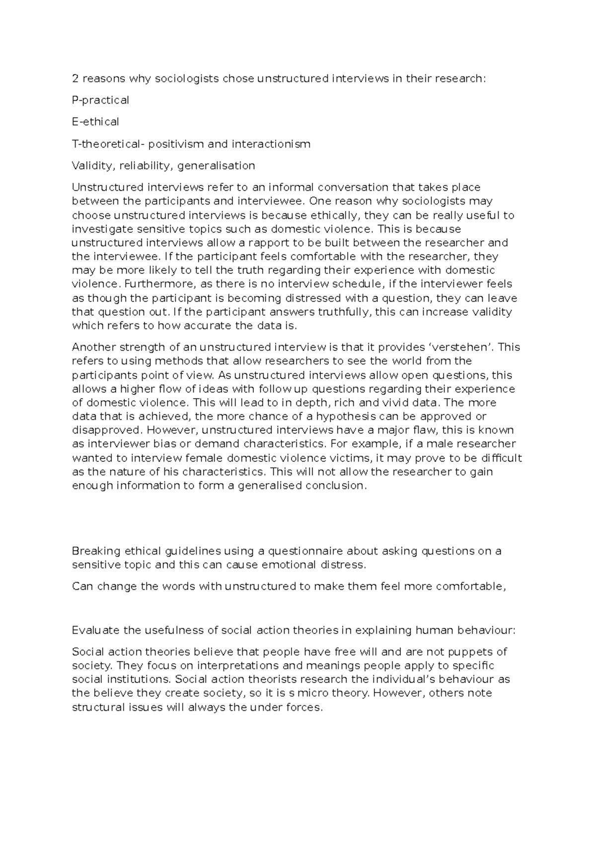 Sociology- unstructured interviews - 2 reasons why sociologists chose ...