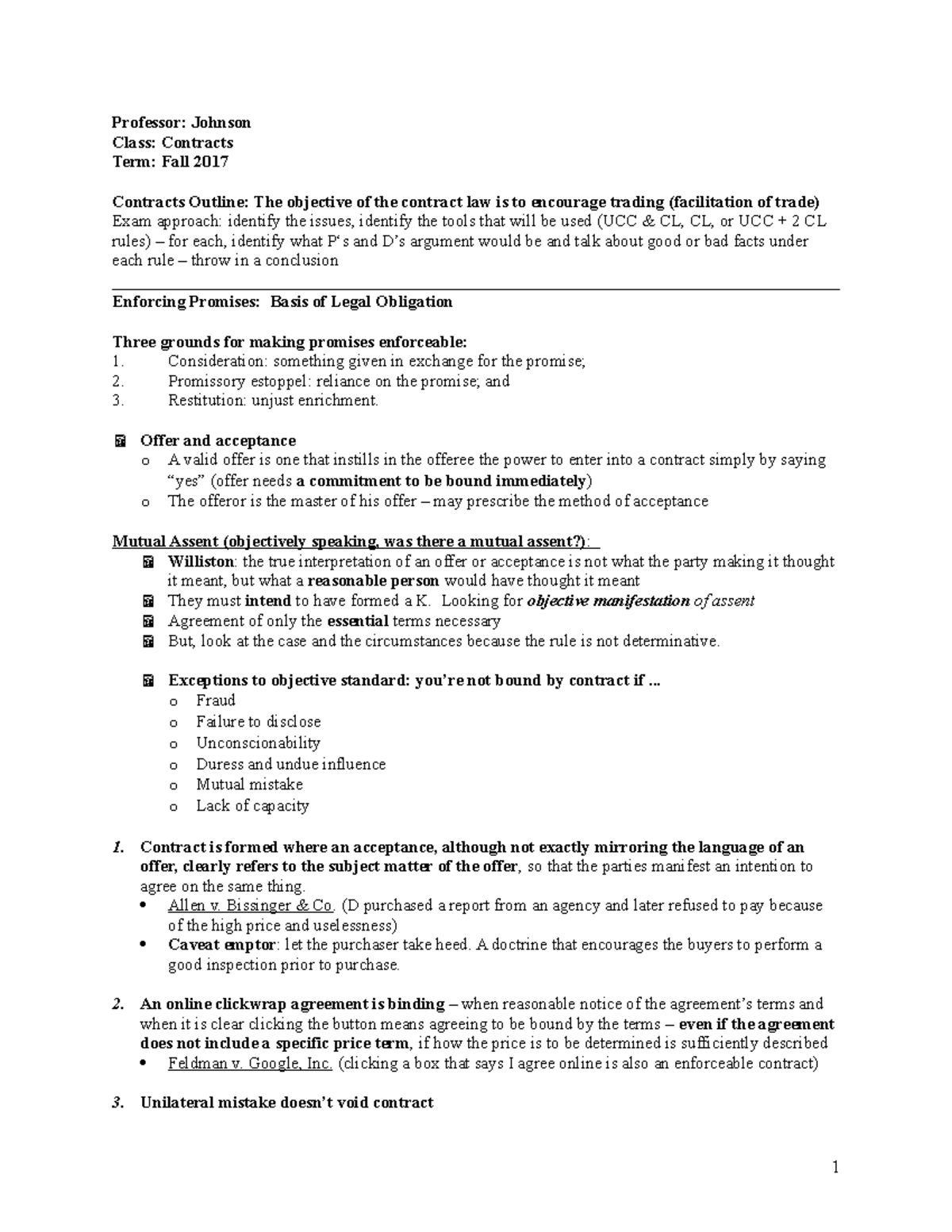 Prof Johnson - Contracts Fall 2017 - Professor: Johnson Class ...
