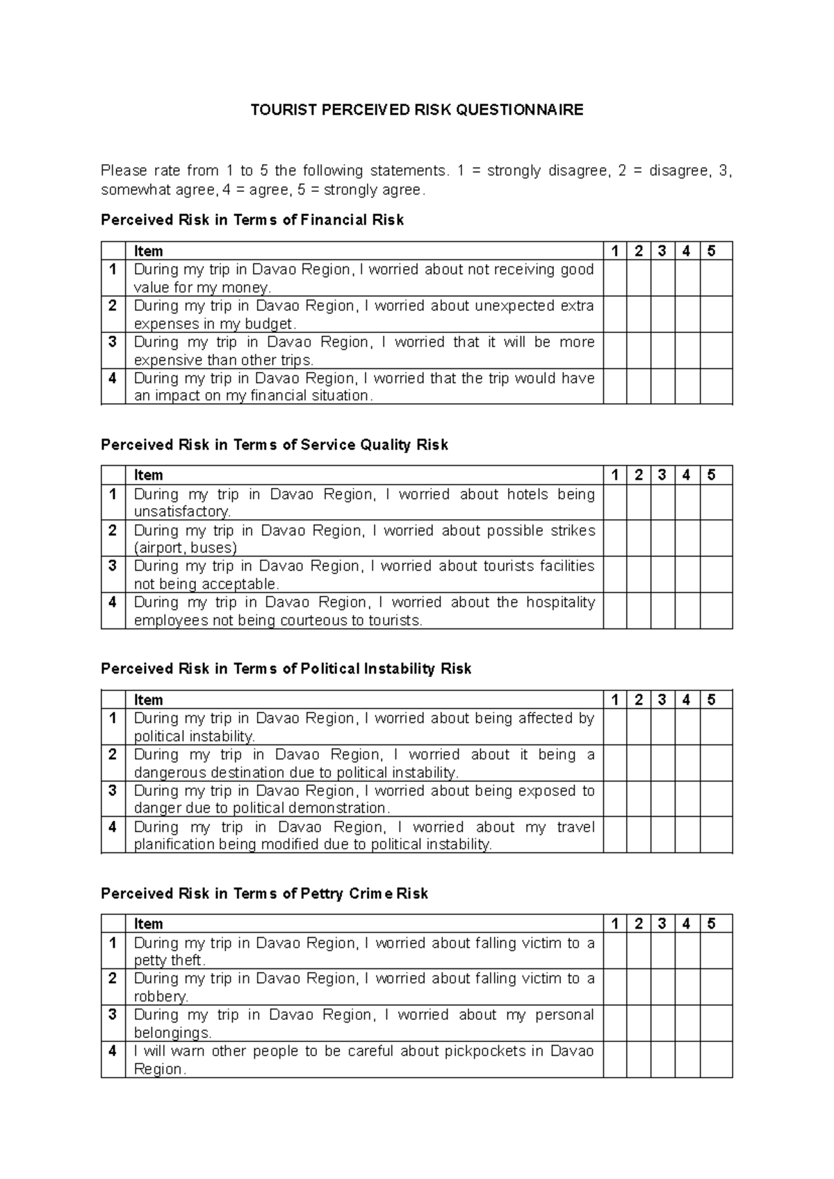 Questionnaire and Framework - TOURIST PERCEIVED RISK QUESTIONNAIRE ...