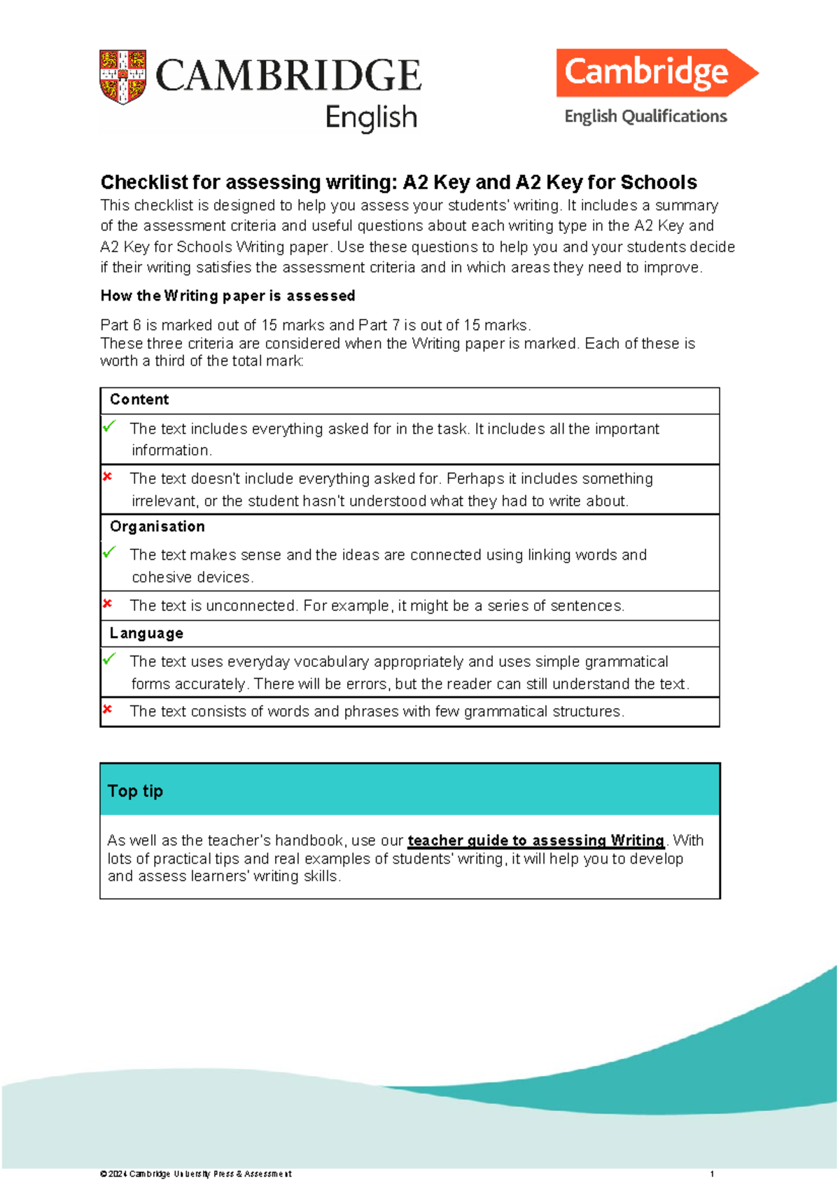 rubric for evaluacion writing with students of english level a2 ...