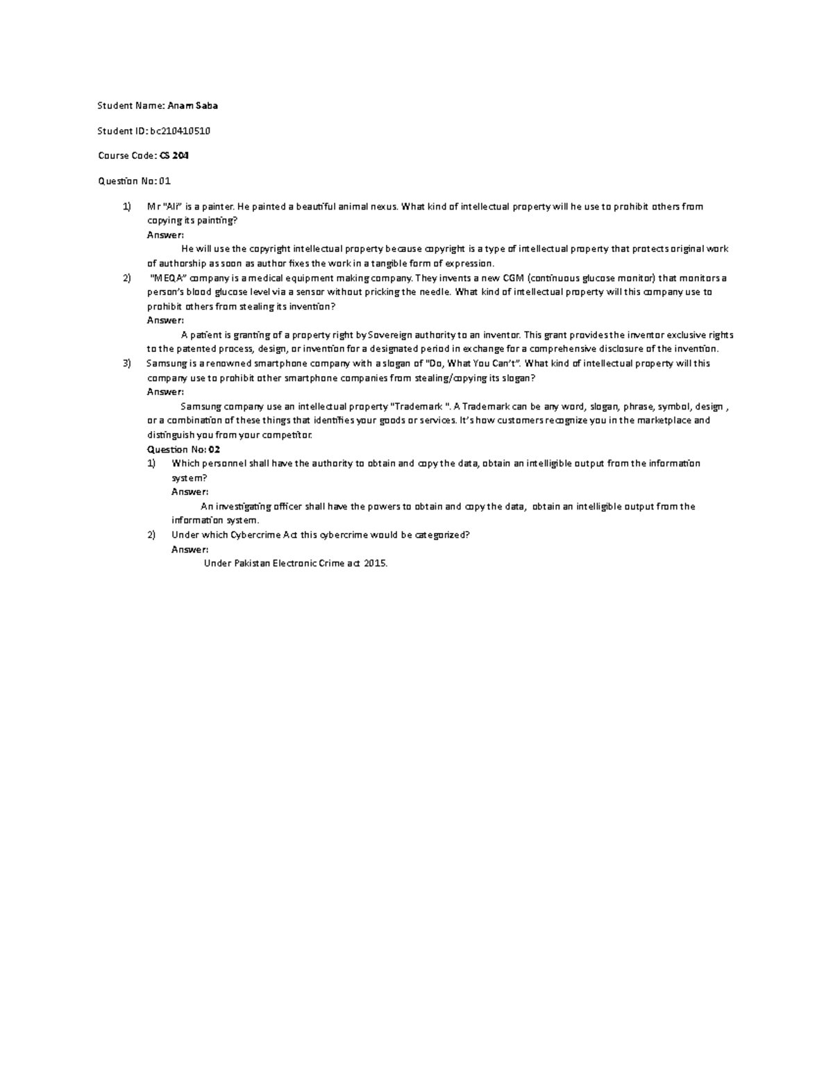 Cs204 Assignment - B. Ed - Student Name: Anam Saba Student ID: bc ...