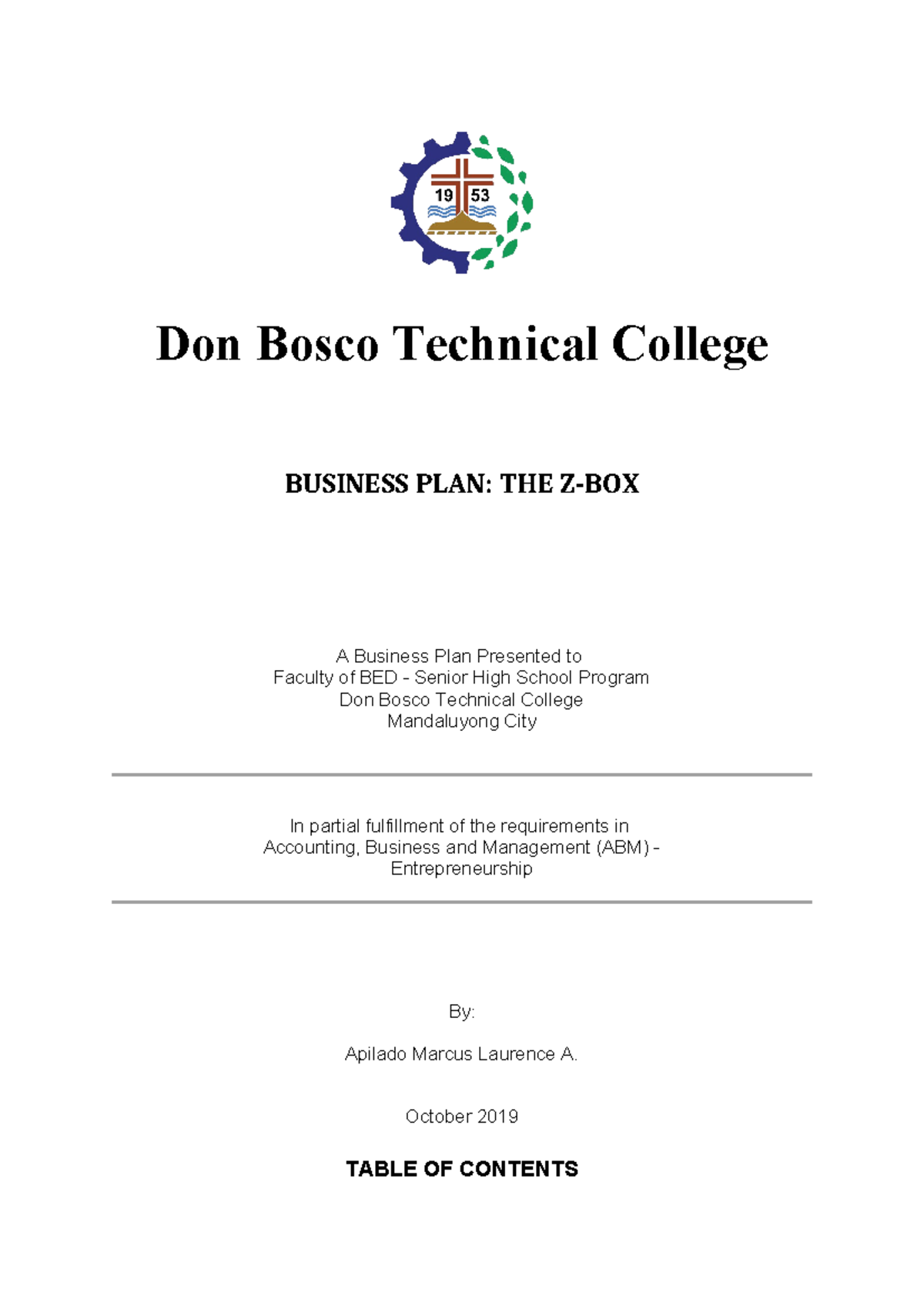 Business PLAN THE Z-BOX - Don Bosco Technical College BUSINESS PLAN ...