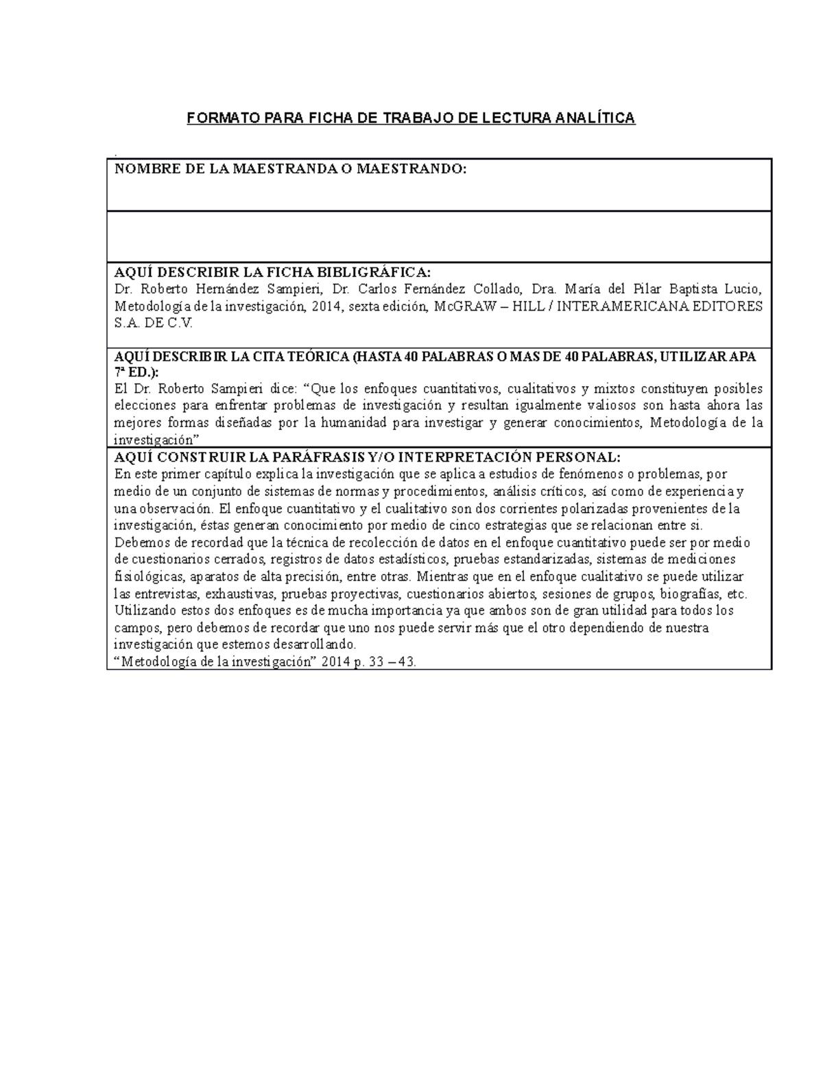 2.- Ficha DE Trabajo LECT Analítica - FORMATO PARA FICHA DE TRABAJO DE LECTURA ANALÍTICA ...