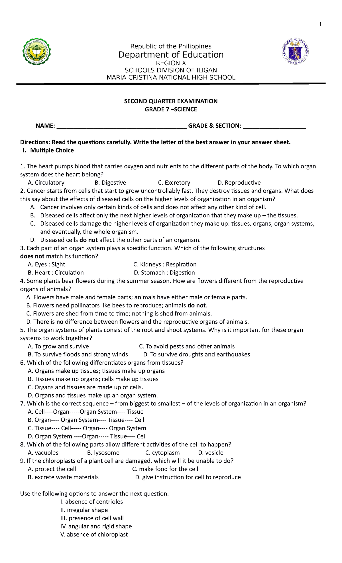 Science 7 2ND Quarter Examination - Republic of the Philippines ...