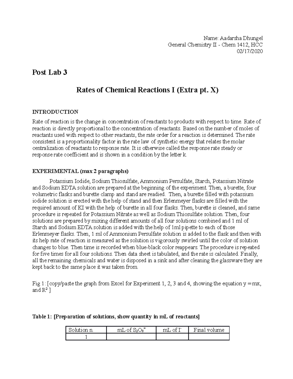 Post lab report 3 - Name: Aadarsha Dhungel General Chemistry II - Chem ...