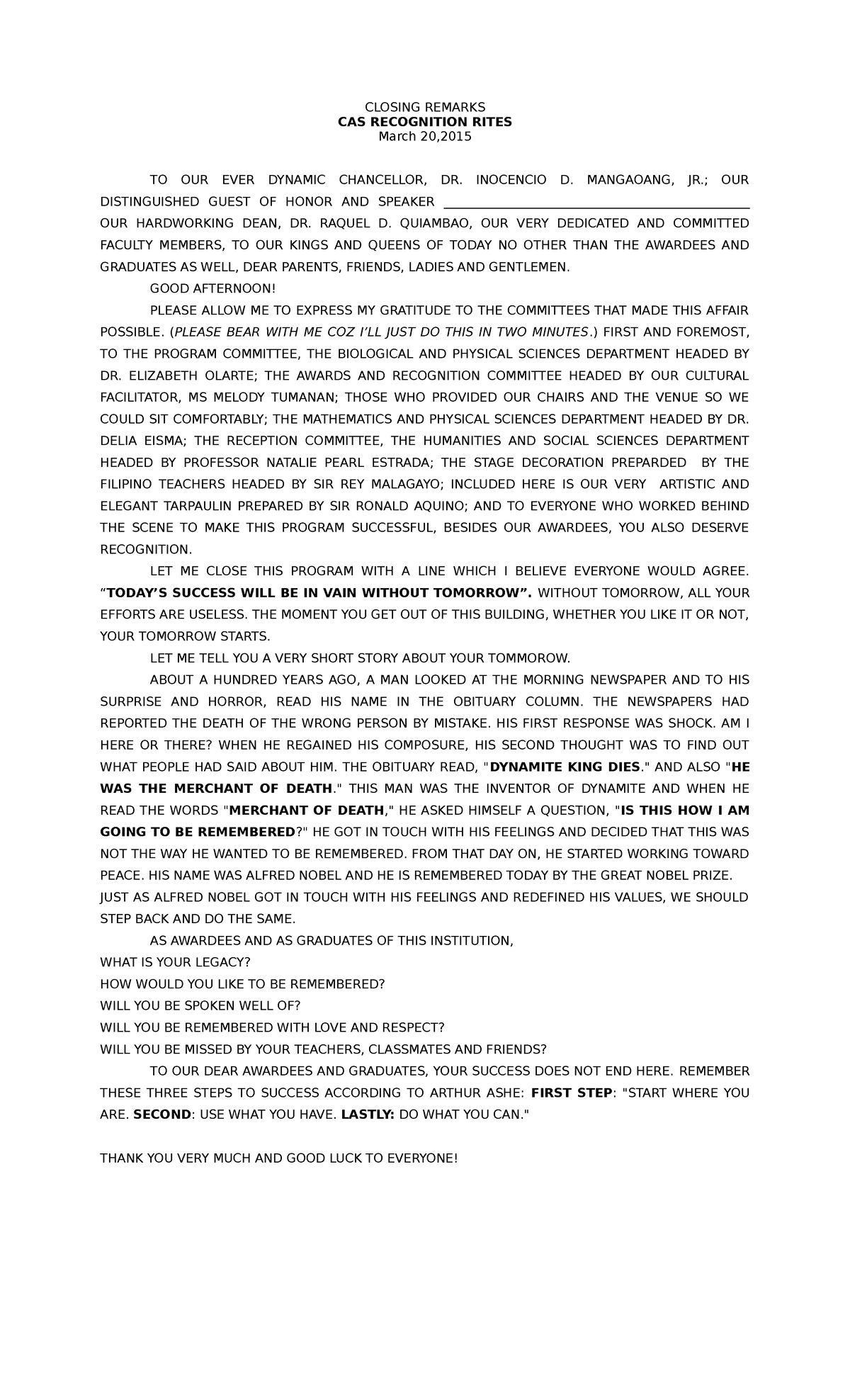 Speech 1 - CLOSING REMARKS CAS RECOGNITION RITES March 20, TO OUR EVER ...