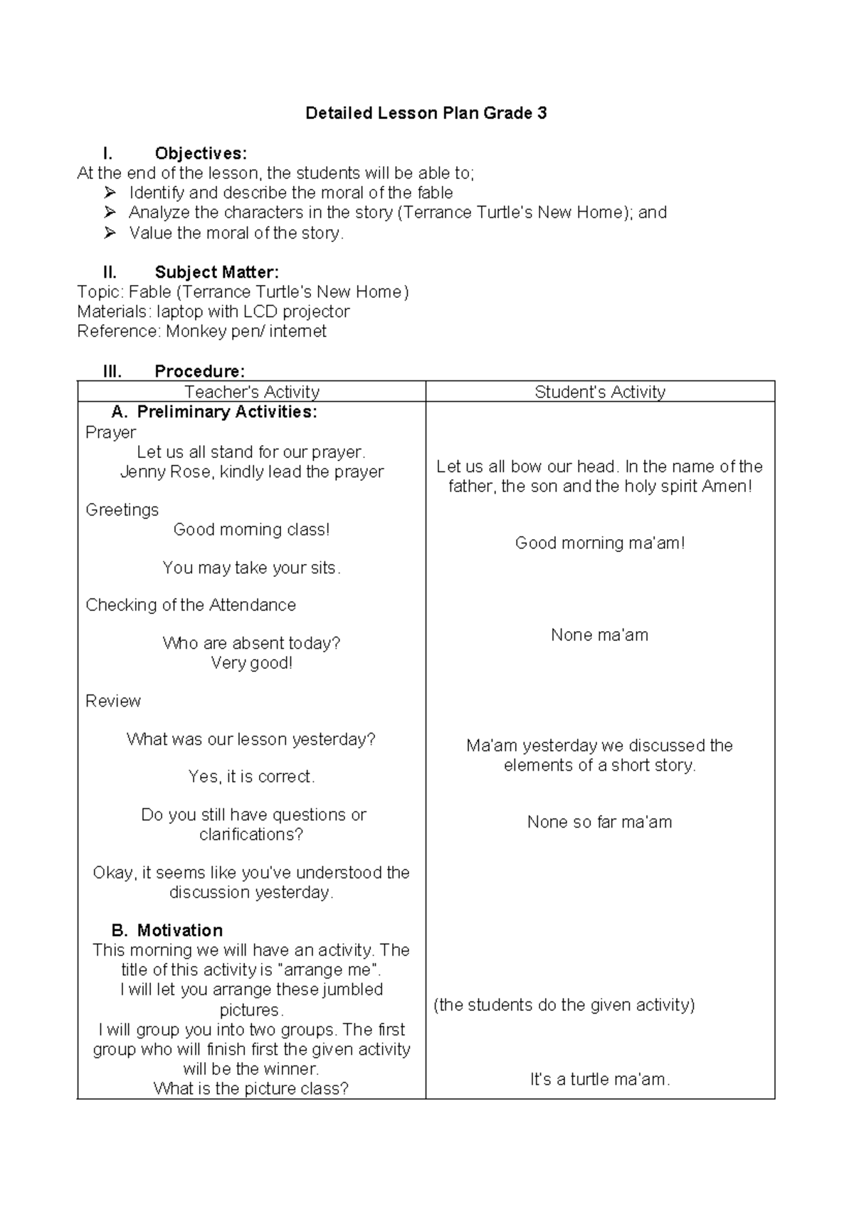Detailed Lesson Plan about Terrance Turle's New Home - Detailed Lesson ...