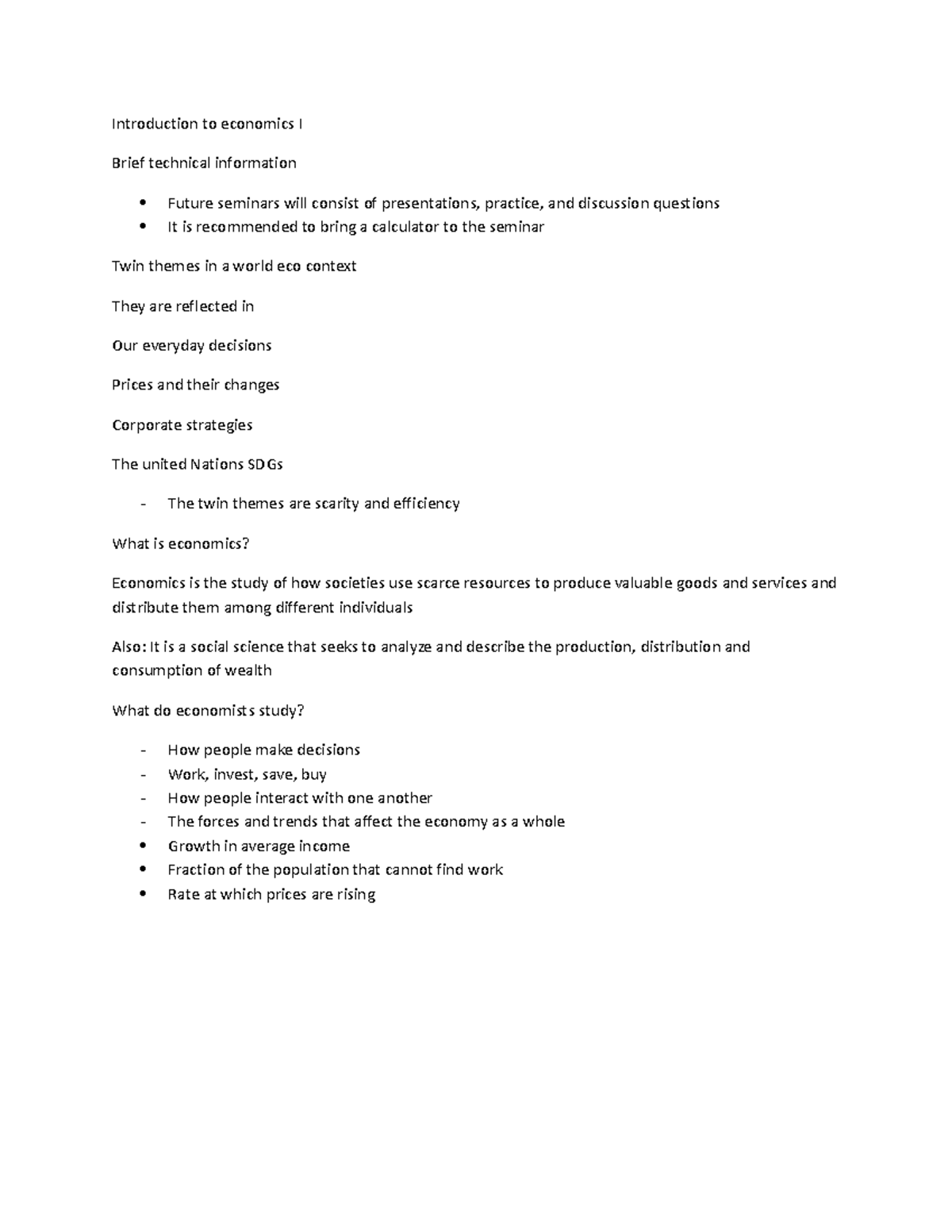 Introduction to economics I - Introduction to economics I Brief ...