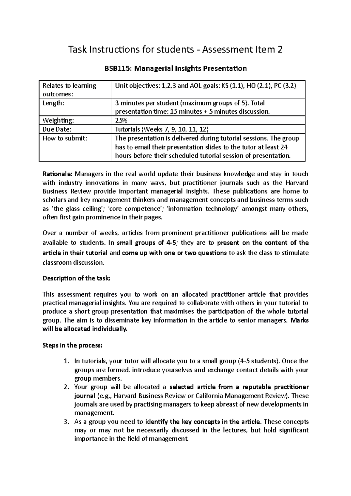 Task Instructions assessment 1 - Task Instructions for students ...