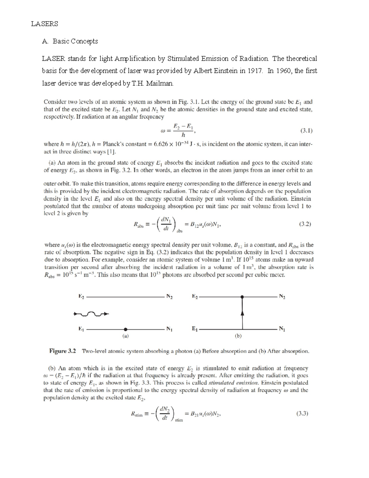 Lasers - Basic Electronics notes - LASERS A. Basic Concepts LASER ...