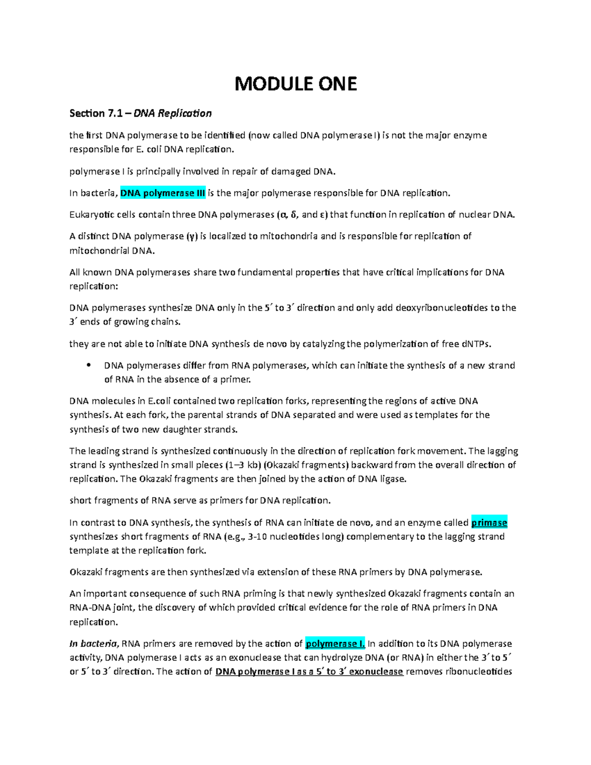 Unit One Summary Notes - MODULE ONE ####### Section 7 – DNA Replication ...