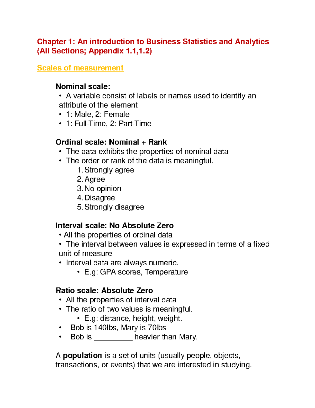 COMM 215- Notes - Chapter 1: An introduction to Business Statistics and ...
